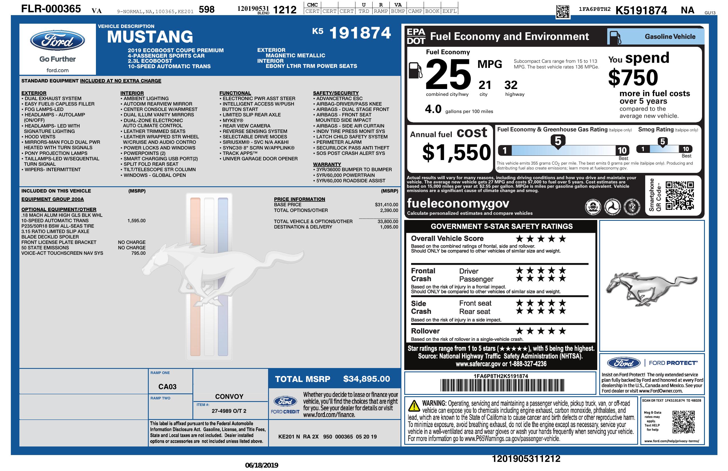 Window Sticker for 2019 Ford Mustang Eco Boost Premium 2dr Fastback