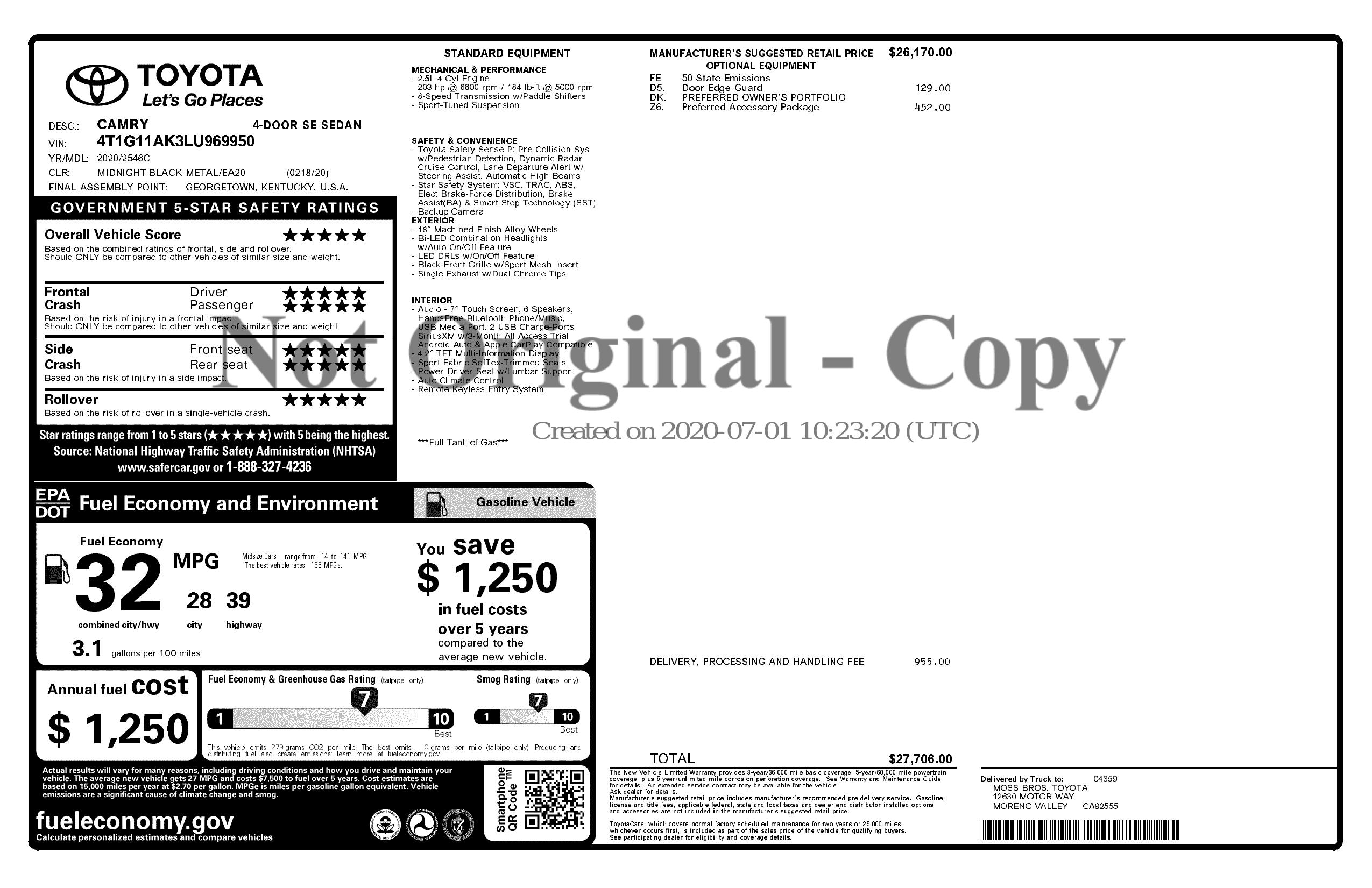 Window Sticker for 2020 Toyota Camry Se Auto (Natl)