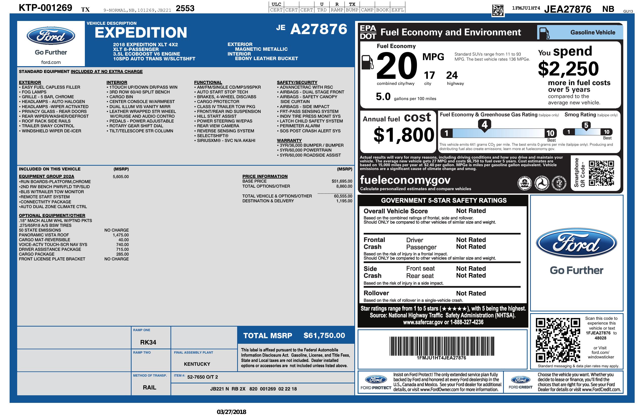 Window Sticker for 2018 Ford Expedition 4x2 Xlt 4dr Suv