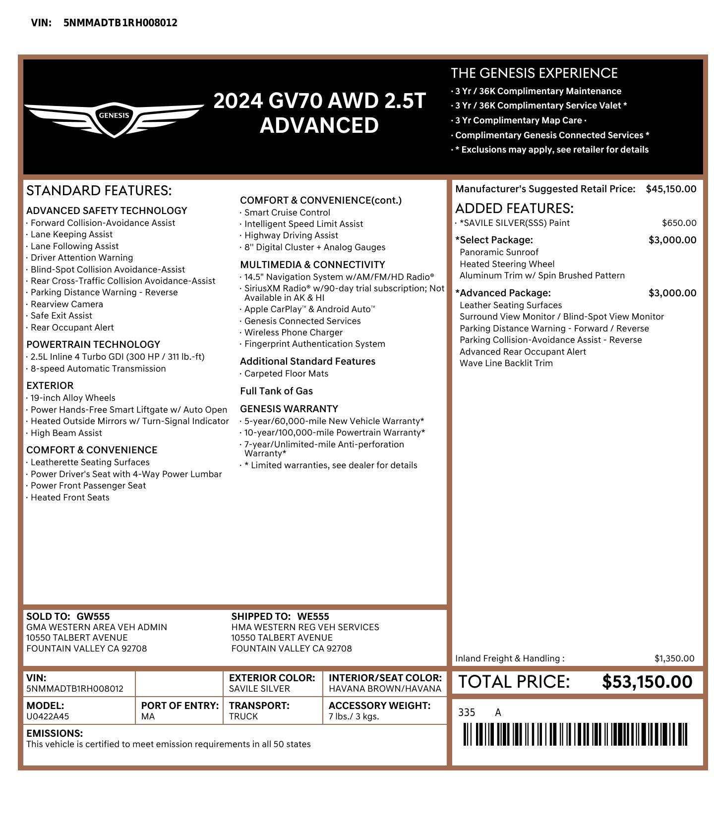 Window Sticker for 2024 Genesis Gv70 Awd 2.5 T Standard 4dr Suv