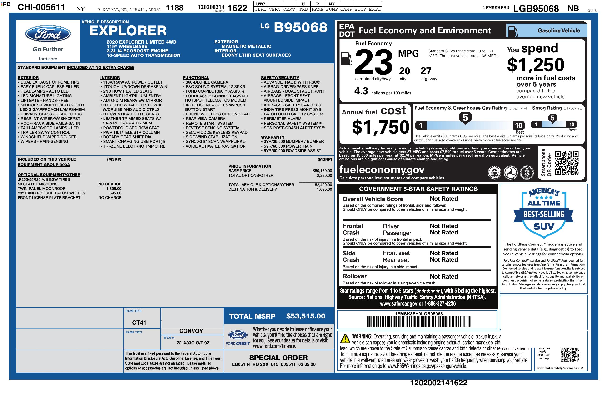 Window Sticker for 2020 Ford Explorer Limited 4 Wd