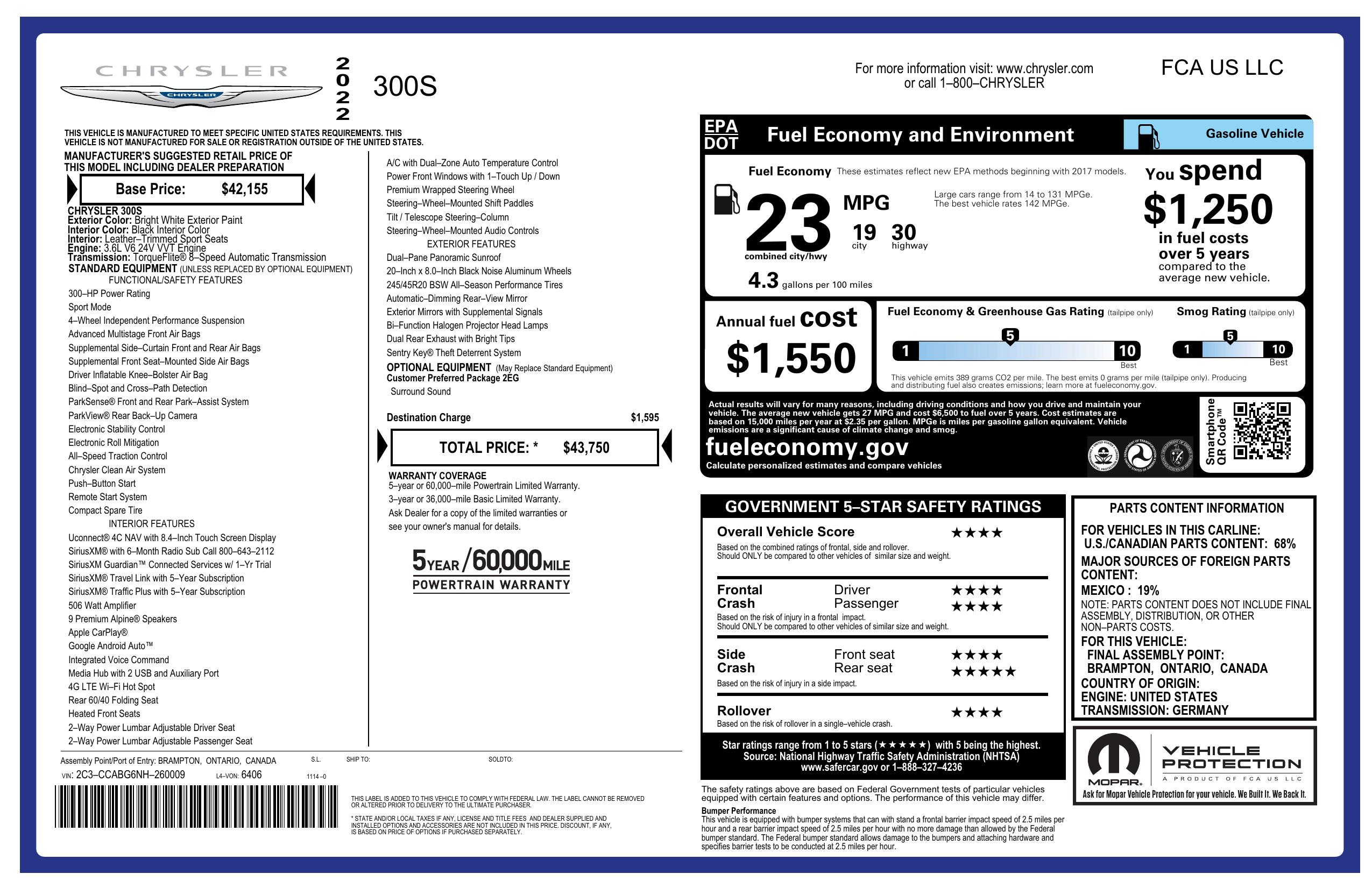 Window Sticker for 2022 Chrysler 300 300 S Rwd