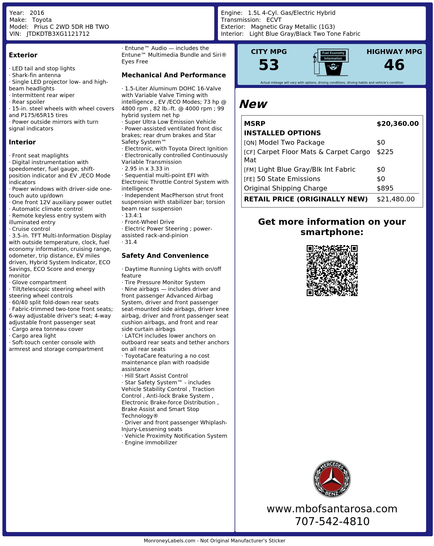 Window Sticker for 2016 Toyota Prius C 2 Wd 5 Dr Hb Two