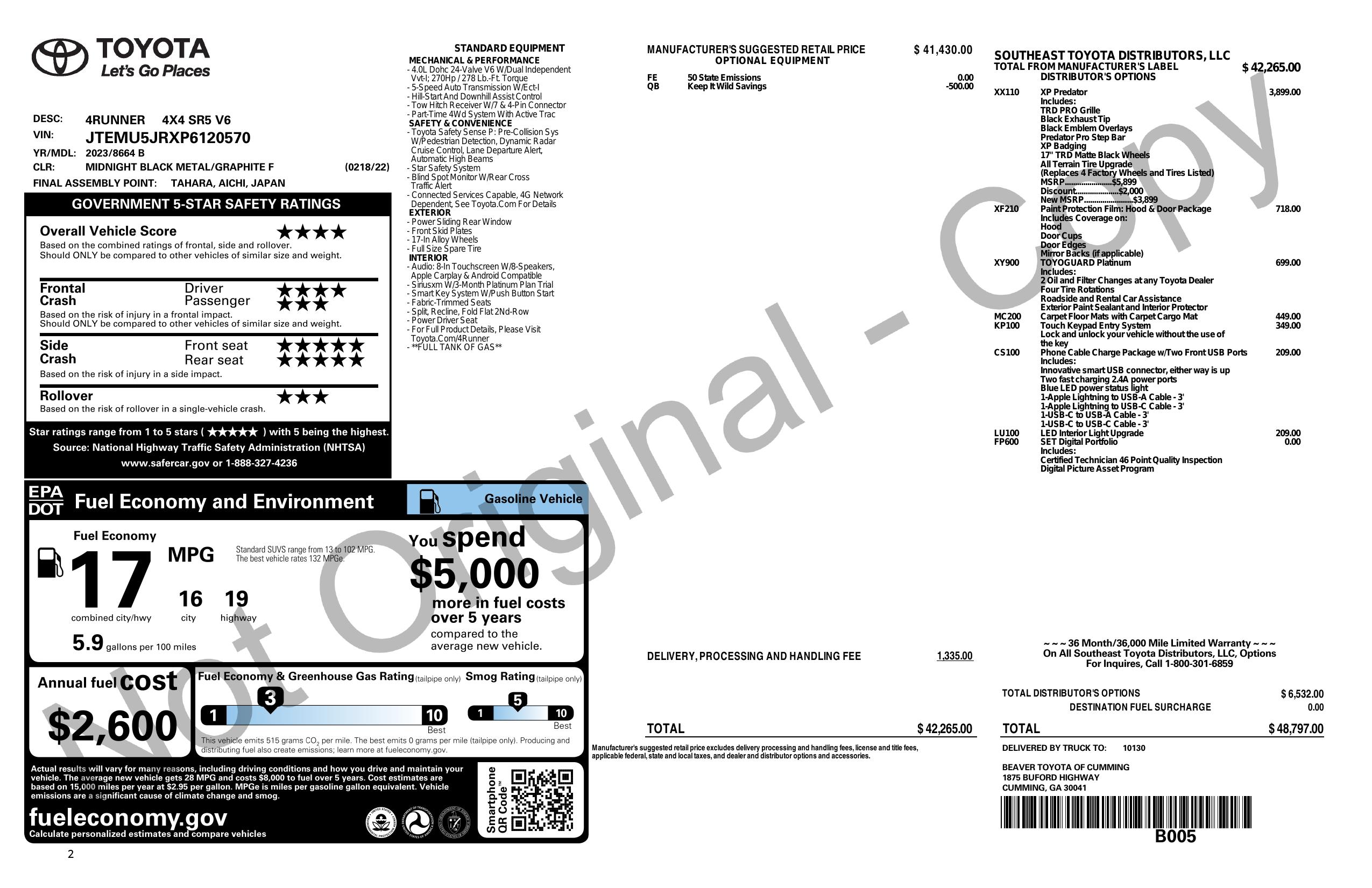Window Sticker for 2023 Toyota 4 Runner Sr5 4 Wd (Natl)