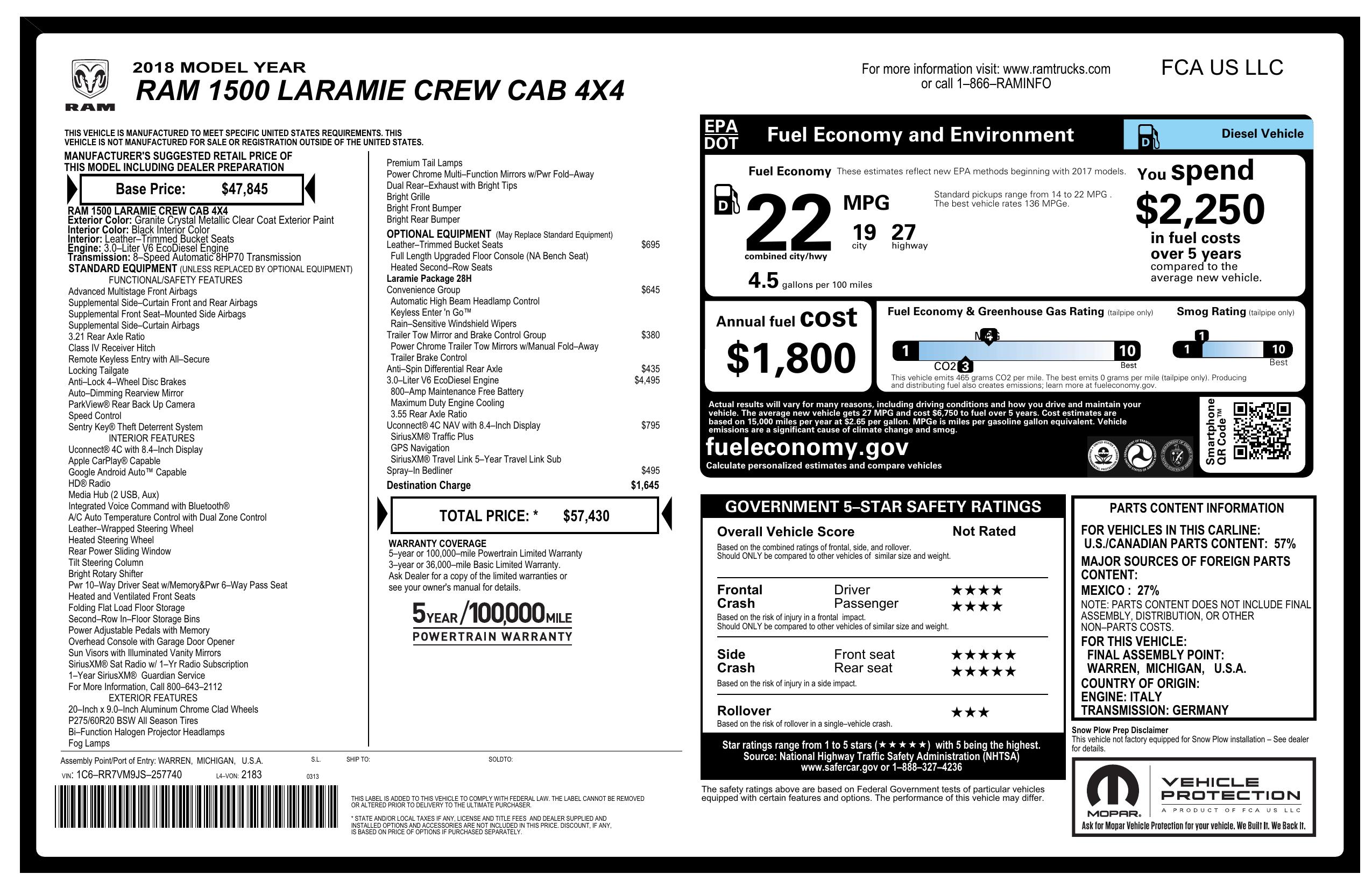 Window Sticker for 2018 Ram 1500 Laramie 4x4 Crew Cab 6'4" Box