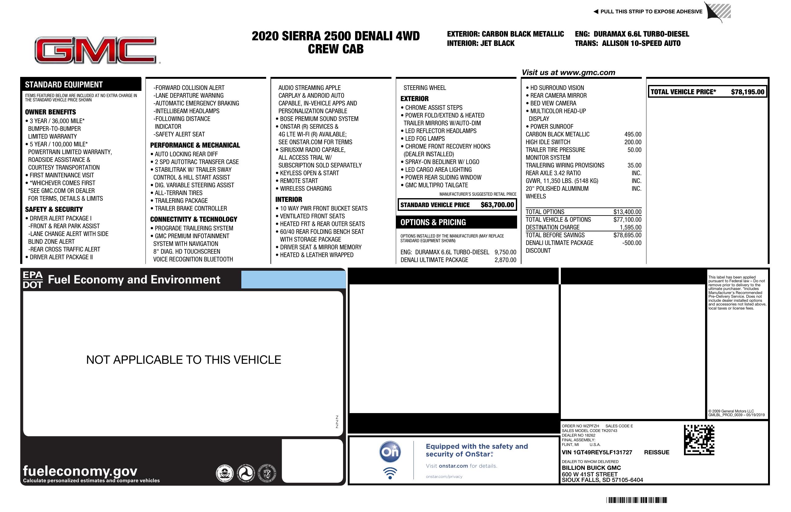 Window Sticker for 2020 GMC Sierra 2500 Hd 4 Wd Crew Cab 159" Denali