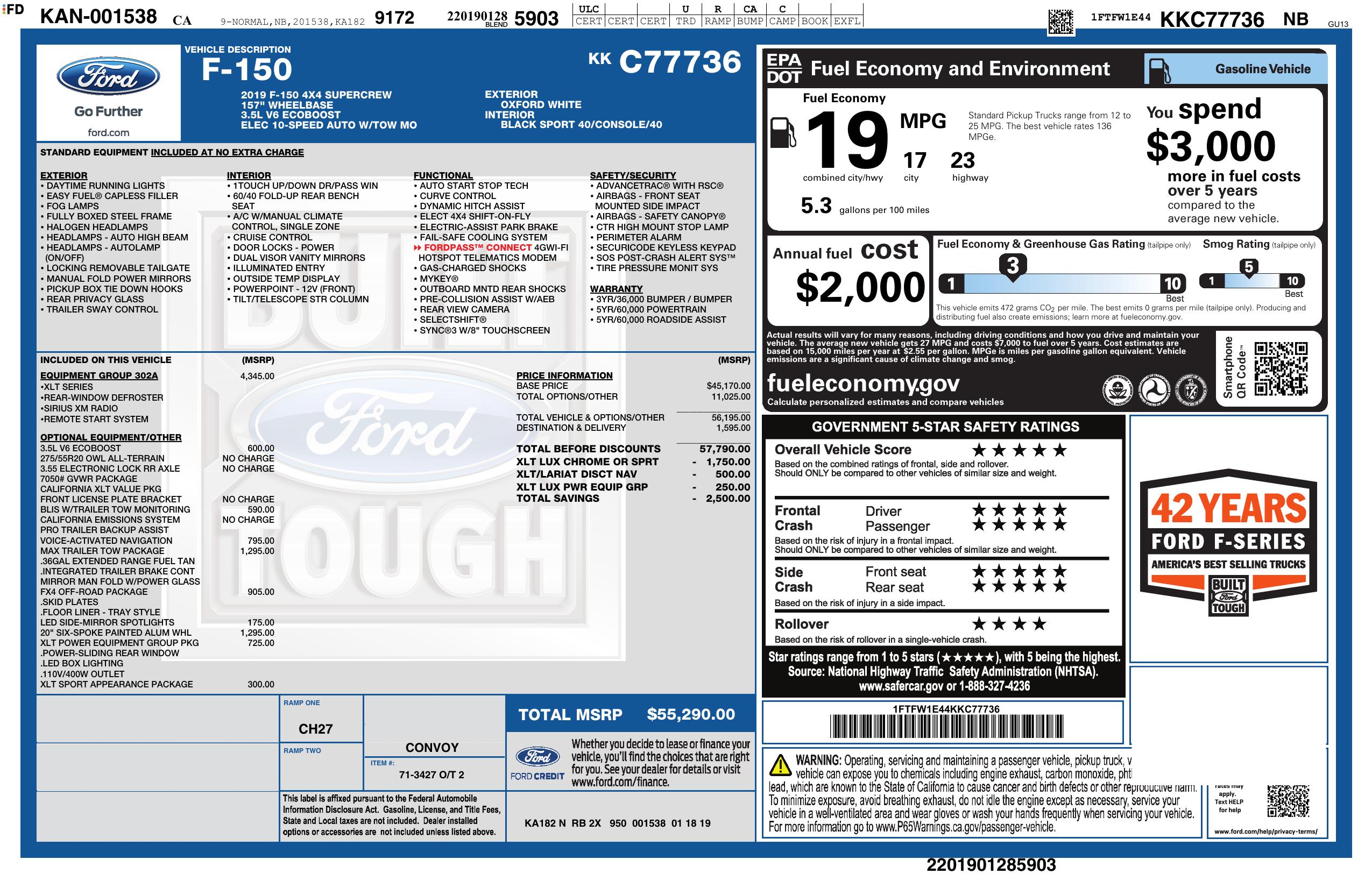 Window Sticker for 2019 Ford F 150 4x4 Xlt 4dr Super Crew 6.5 Ft. Sb