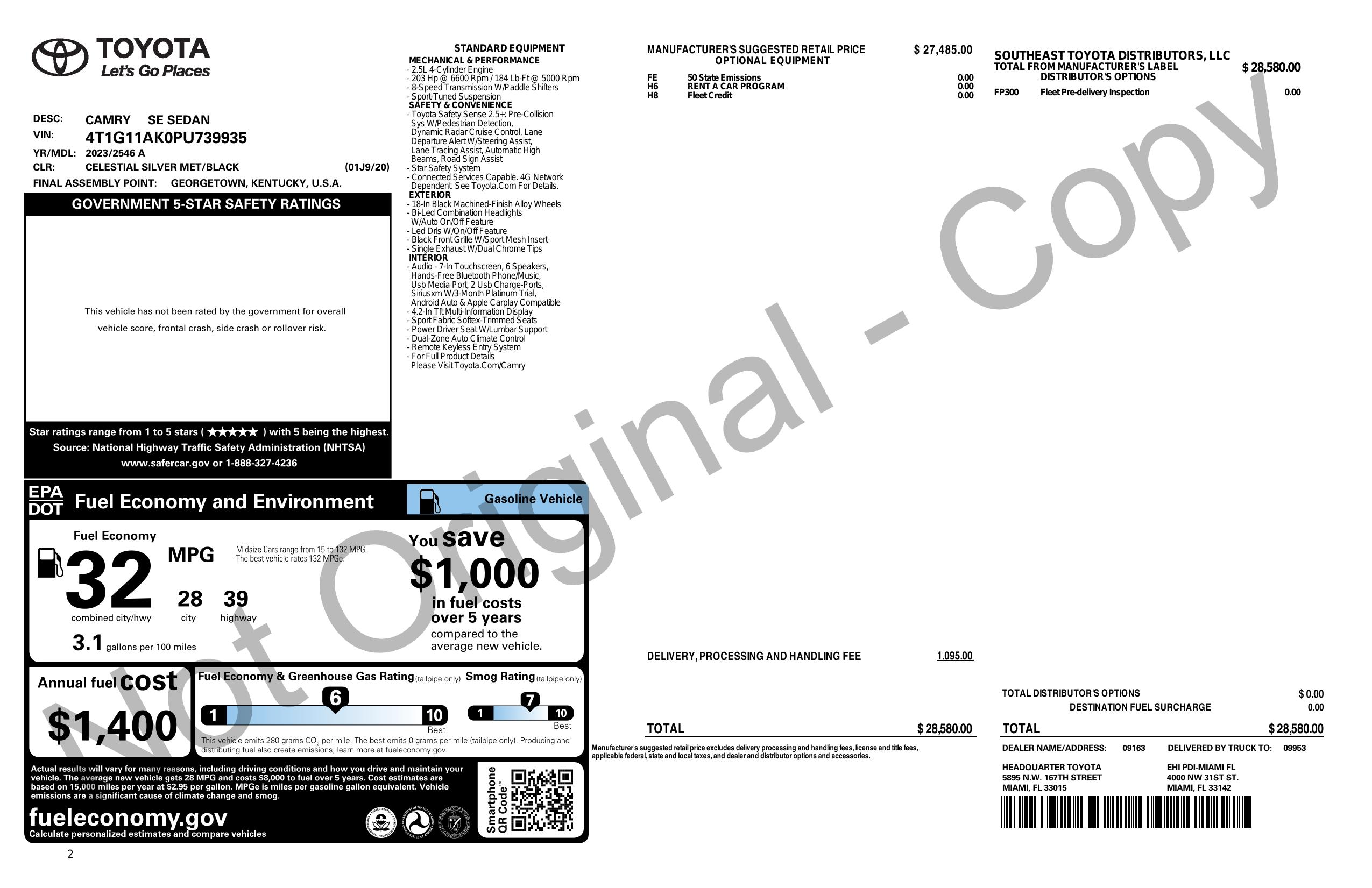 Window Sticker for 2023 Toyota Camry Se (Natl)