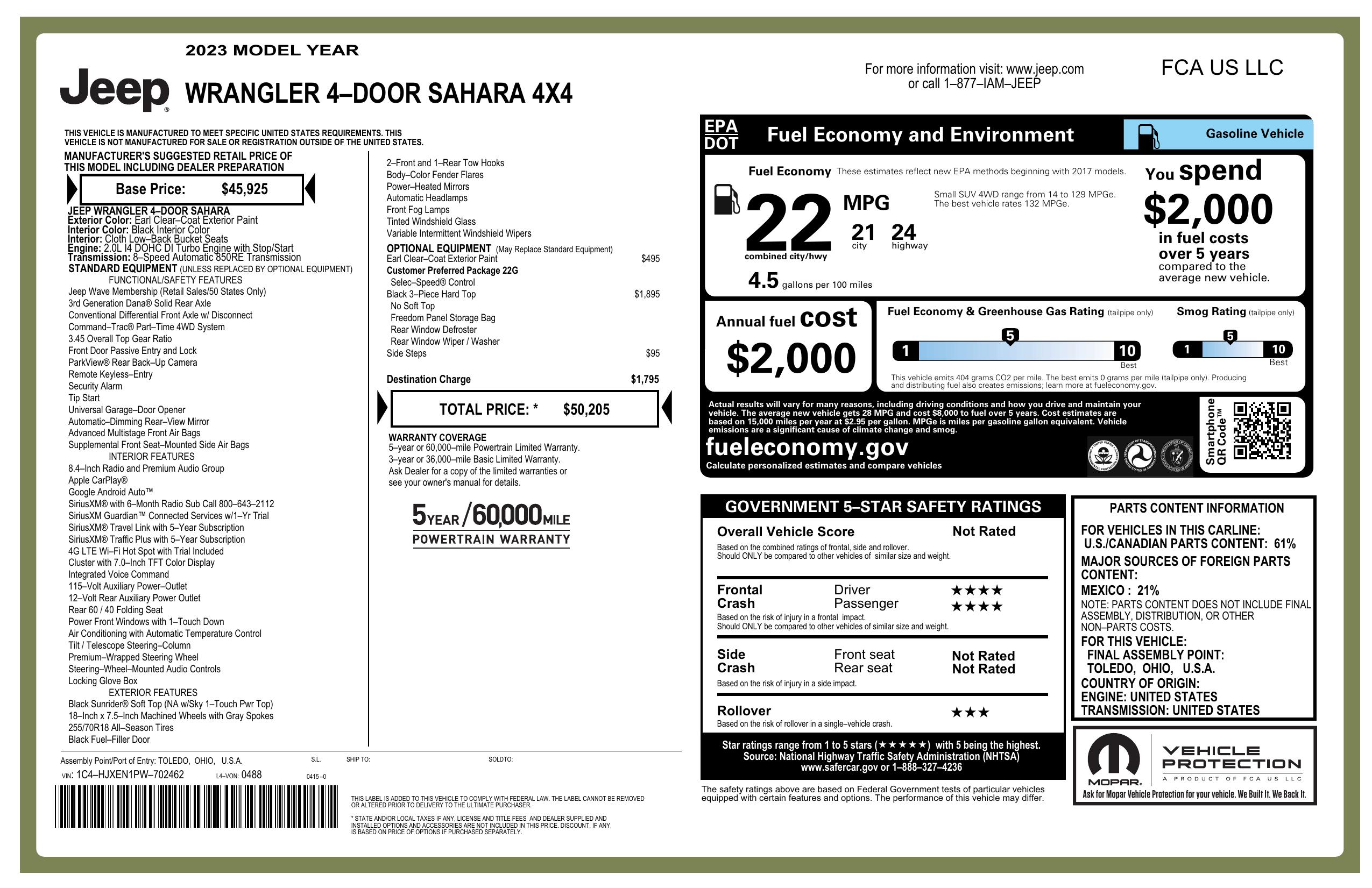 Window Sticker for 2023 Jeep Wrangler Sahara 4 Door 4x4