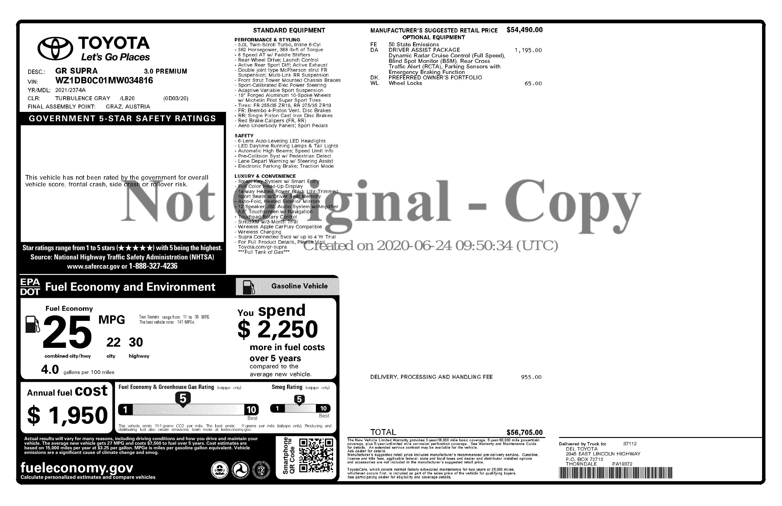 Window Sticker for 2021 Toyota Gr Supra Auto (Natl)