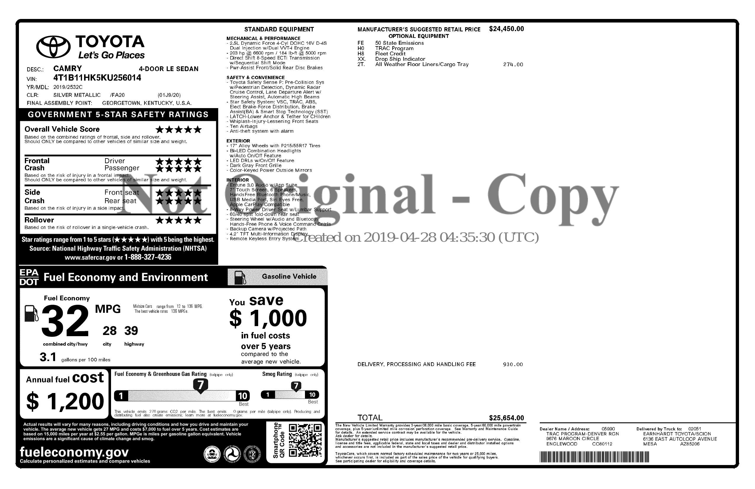 Window Sticker for 2019 Toyota Camry Auto (Natl)