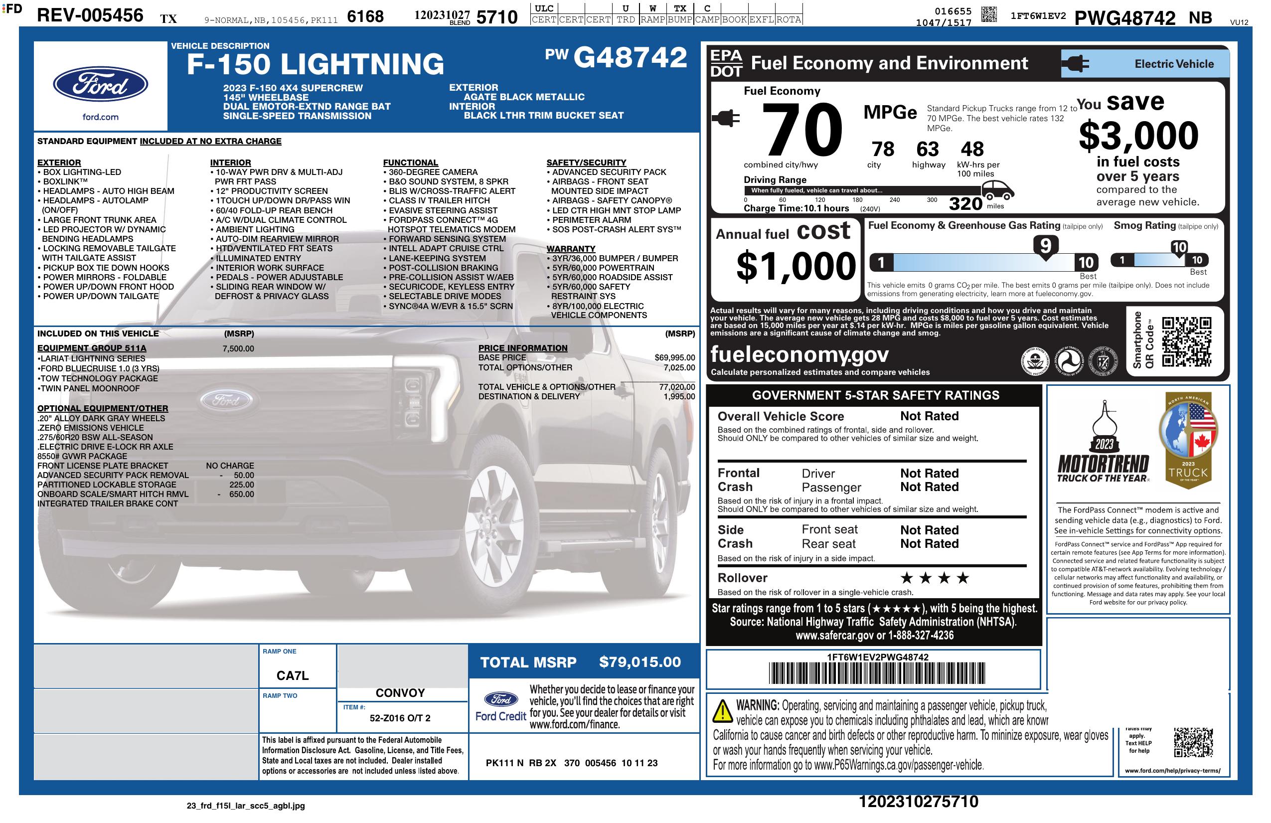 Window Sticker for 2023 Ford F 150 Lightning 4 Wd Super Crew 5.5' Box