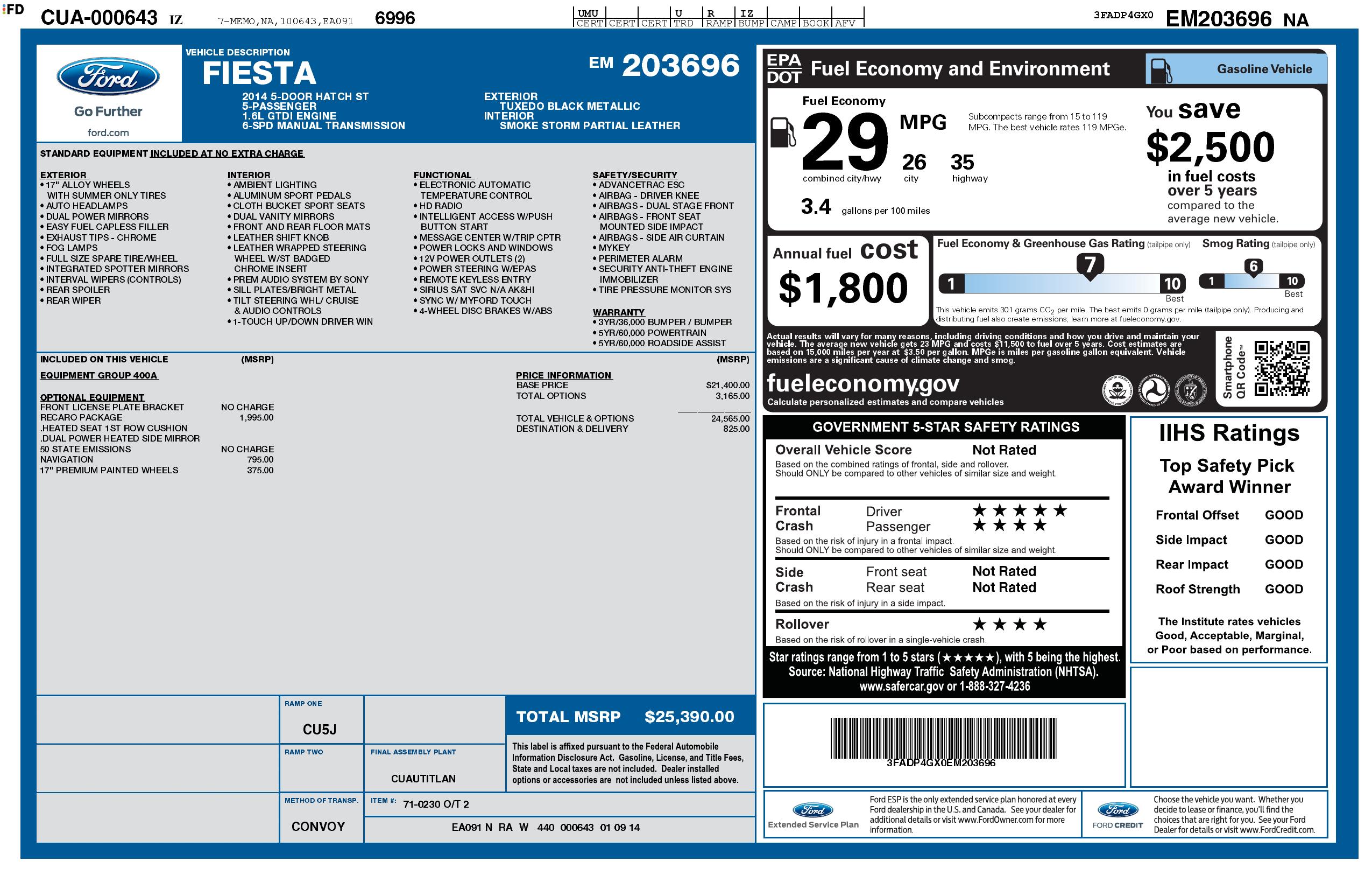 Window Sticker for 2014 Ford Fiesta St 4dr Hatchback