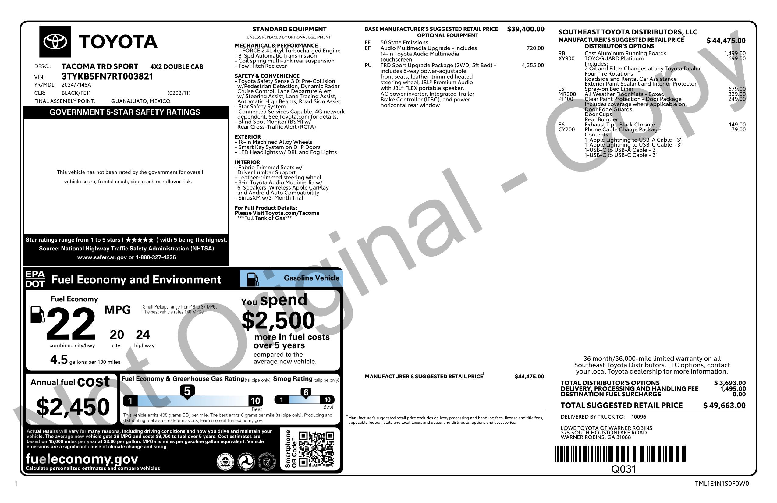 Window Sticker for 2024 Toyota Tacoma 2 Wd Double Cab Bed At (Natl)