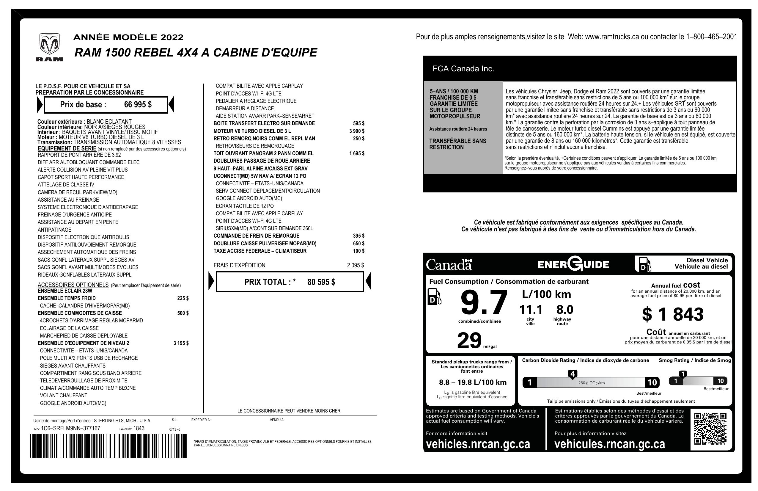 Window Sticker for 2022 Ram 1500 Rebel 4x4 Crew Cab 5'7" Box