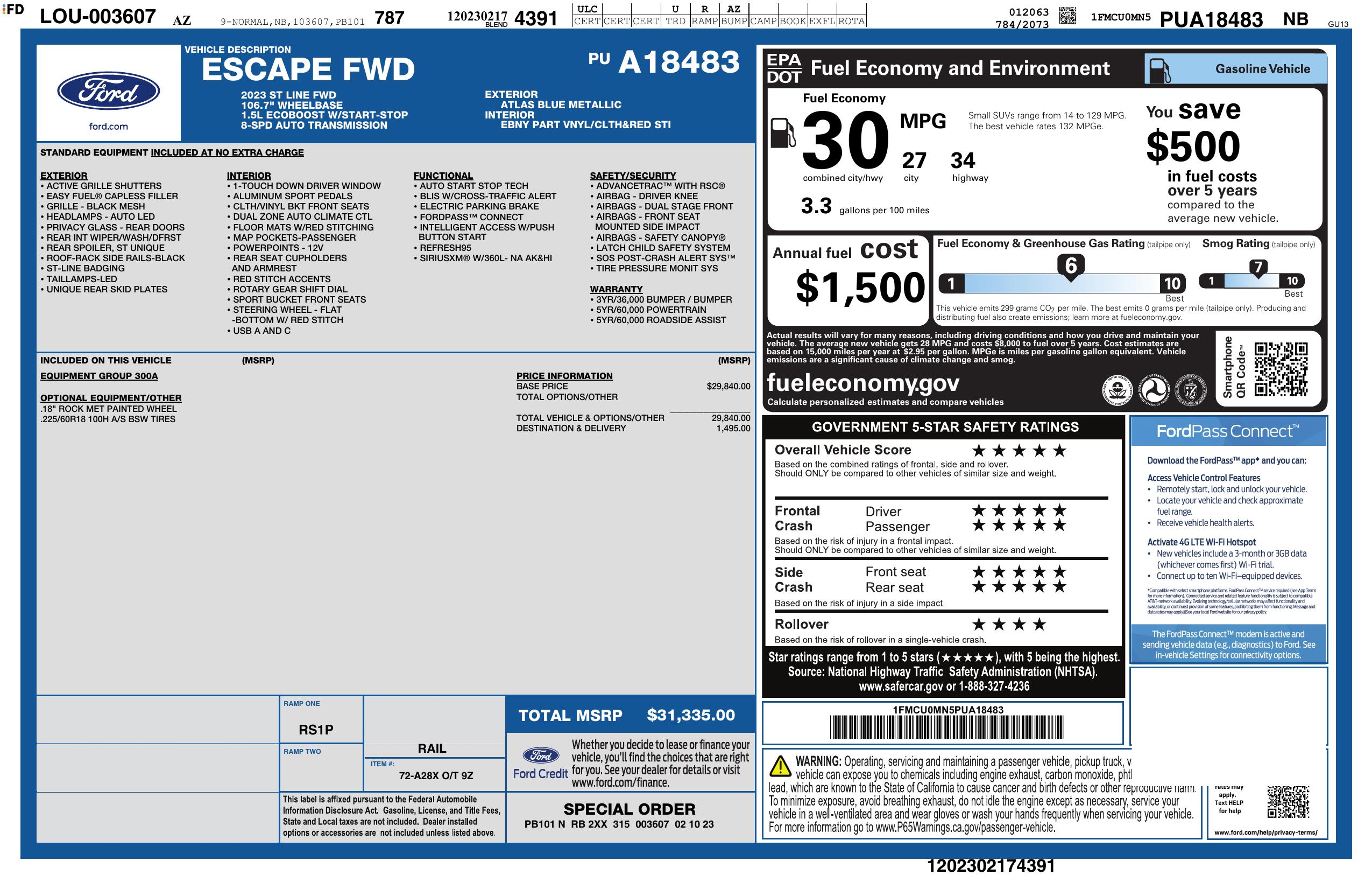 Window Sticker for 2023 Ford Escape St Line Fwd