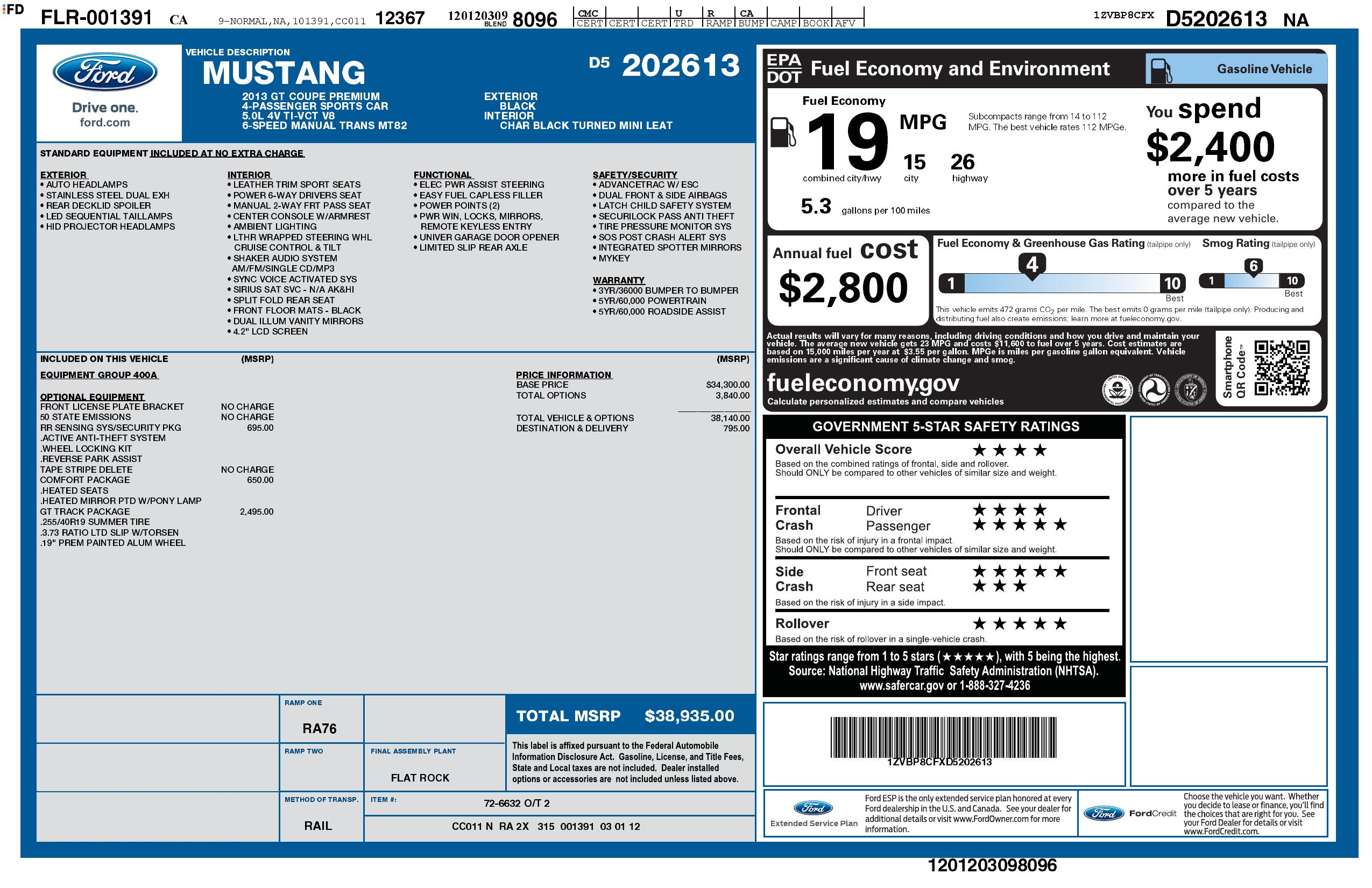 Window Sticker for 2013 Ford Mustang 2dr Cpe Gt