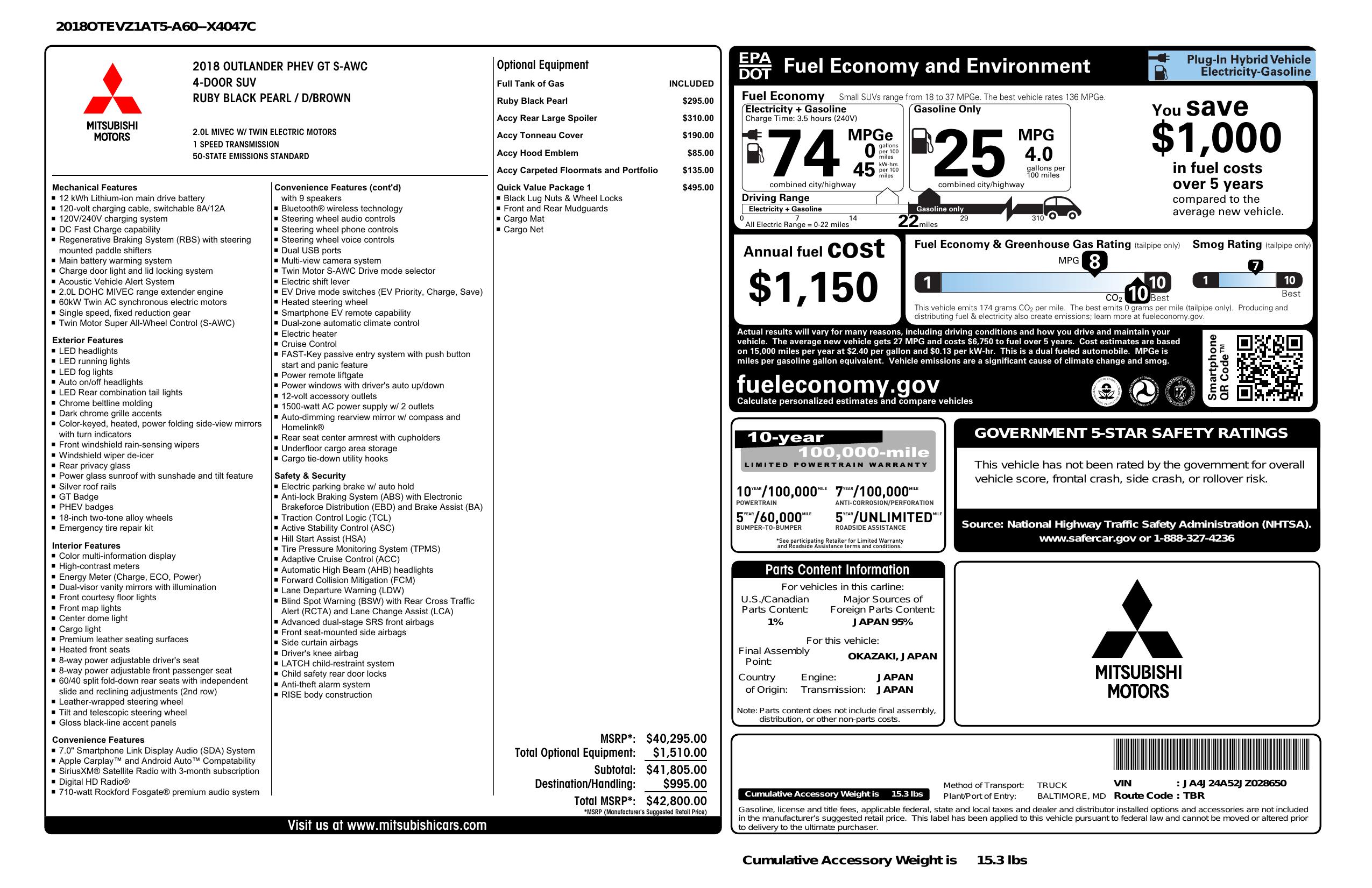 Window Sticker for 2018 Mitsubishi Outlander Phev S Awc