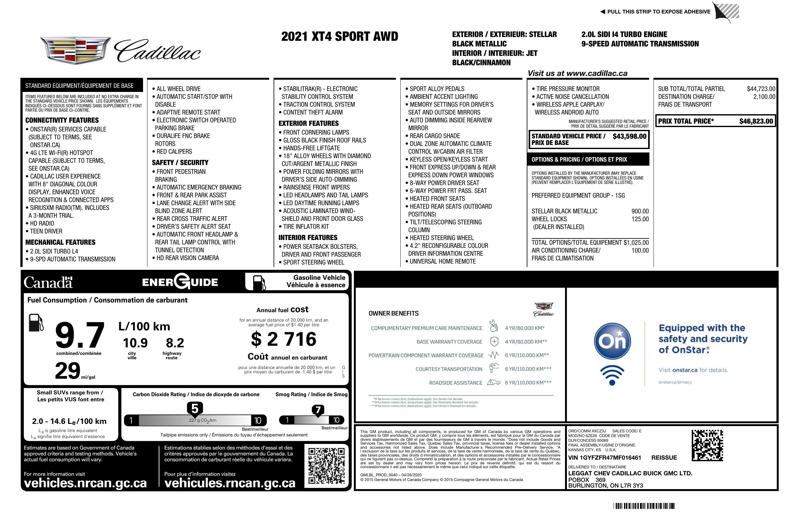 Window Sticker for 2021 Cadillac Xt4 Sport