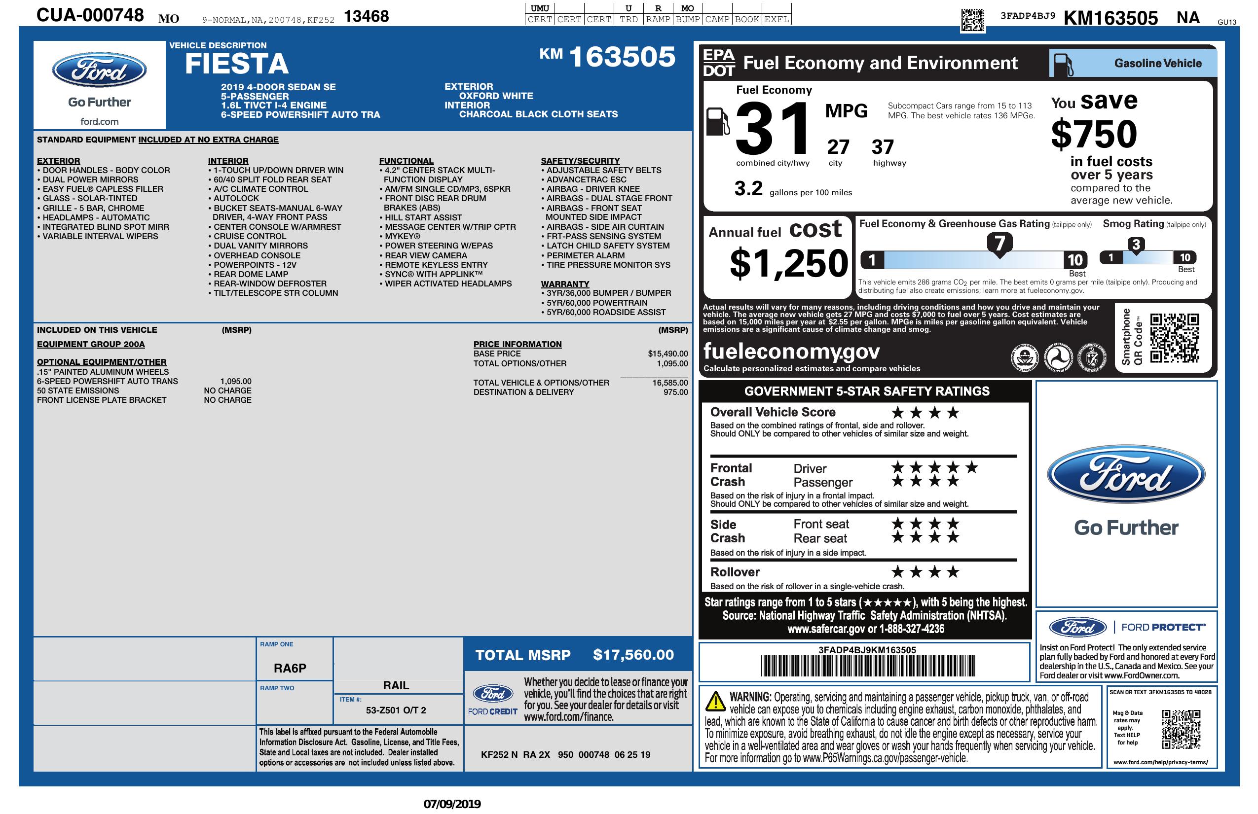 Window Sticker for 2019 Ford Fiesta Se 4dr Sedan