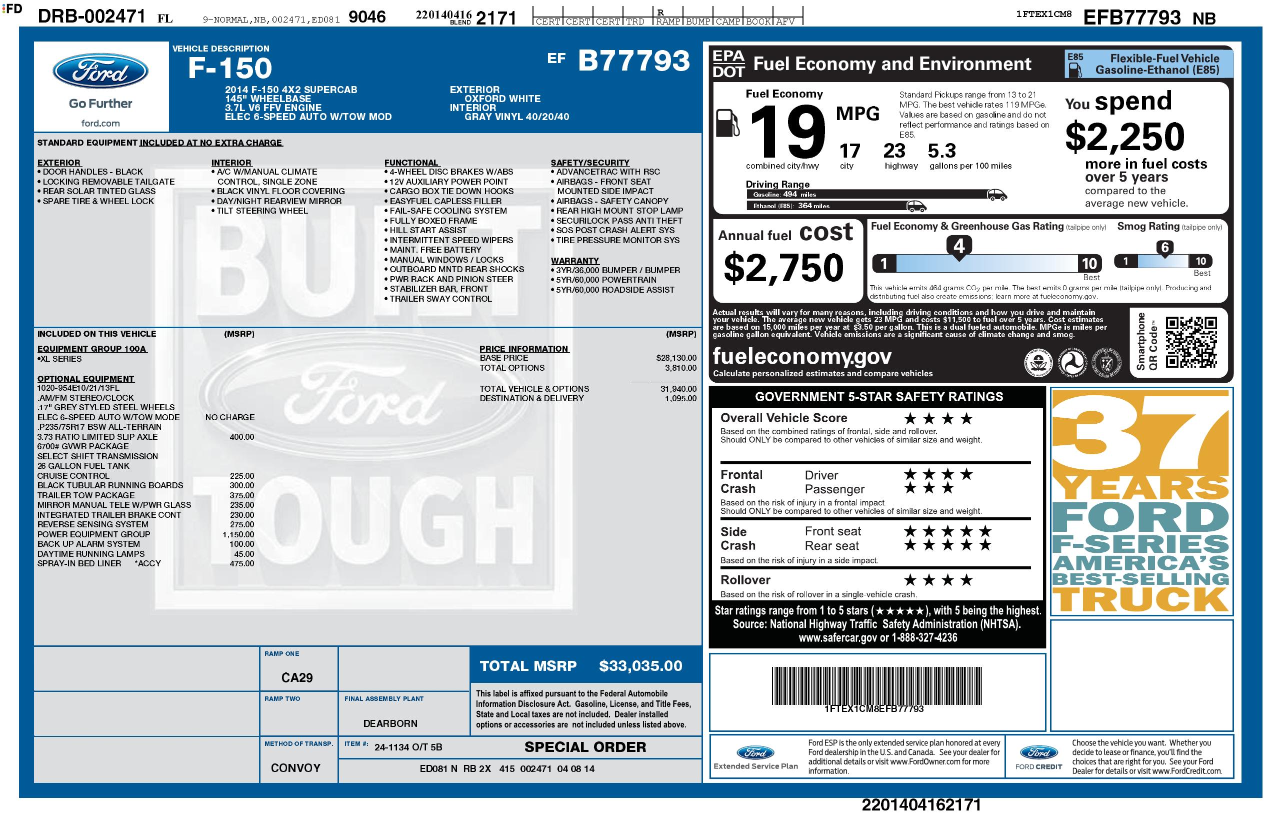 Window Sticker for 2014 Ford F 150 2 Wd Super Cab 145"