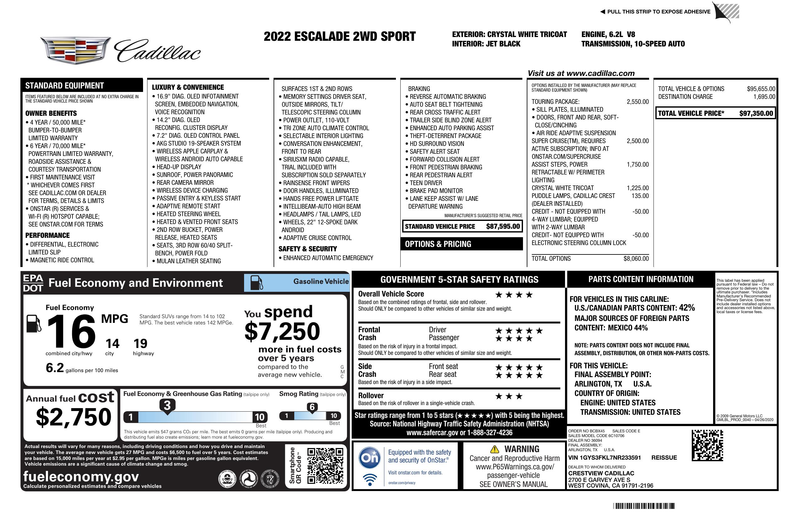 Window Sticker for 2022 Cadillac Escalade 2 Wd 4dr Sport