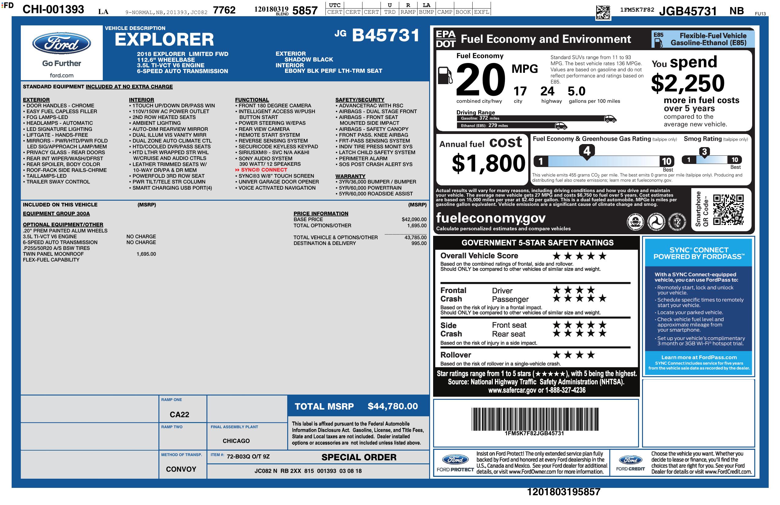 Window Sticker for 2018 Ford Explorer Limited Fwd