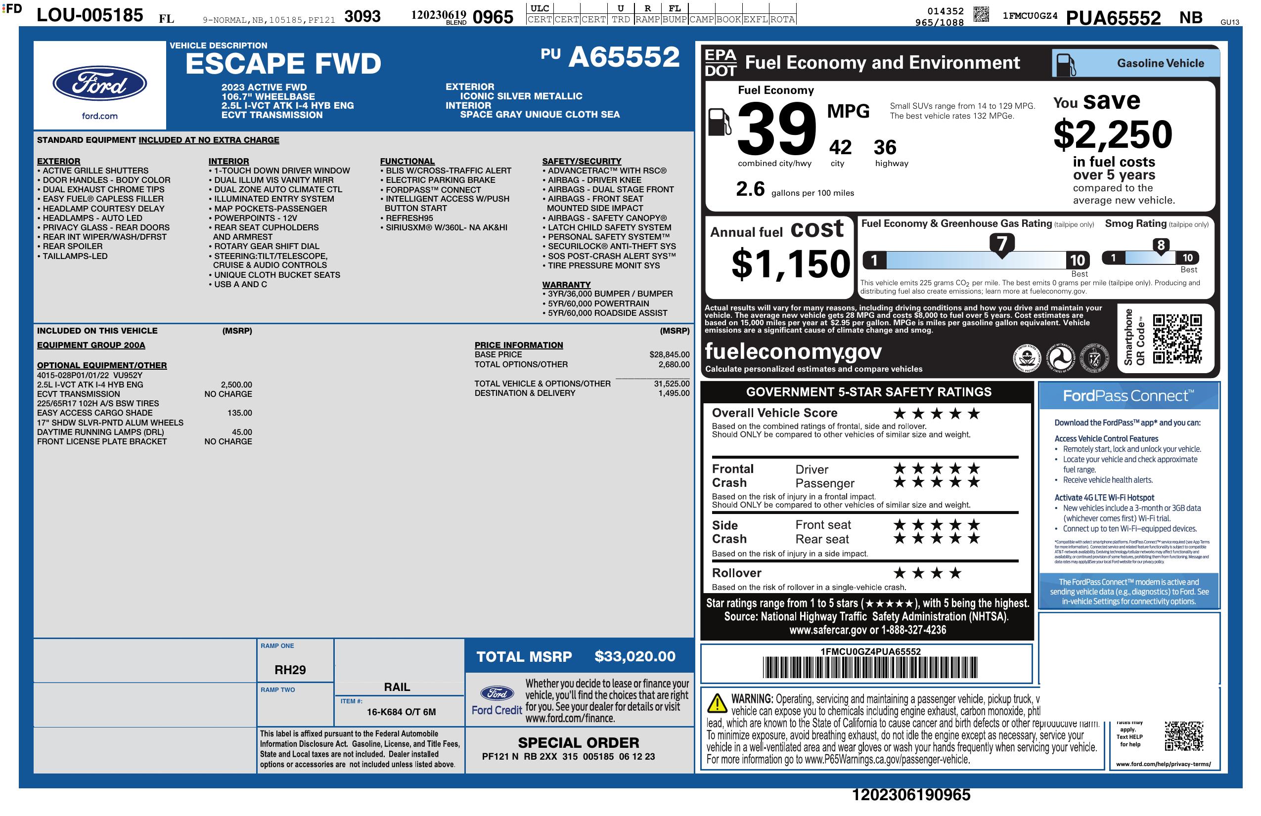 Window Sticker for 2023 Ford Escape Active Fwd