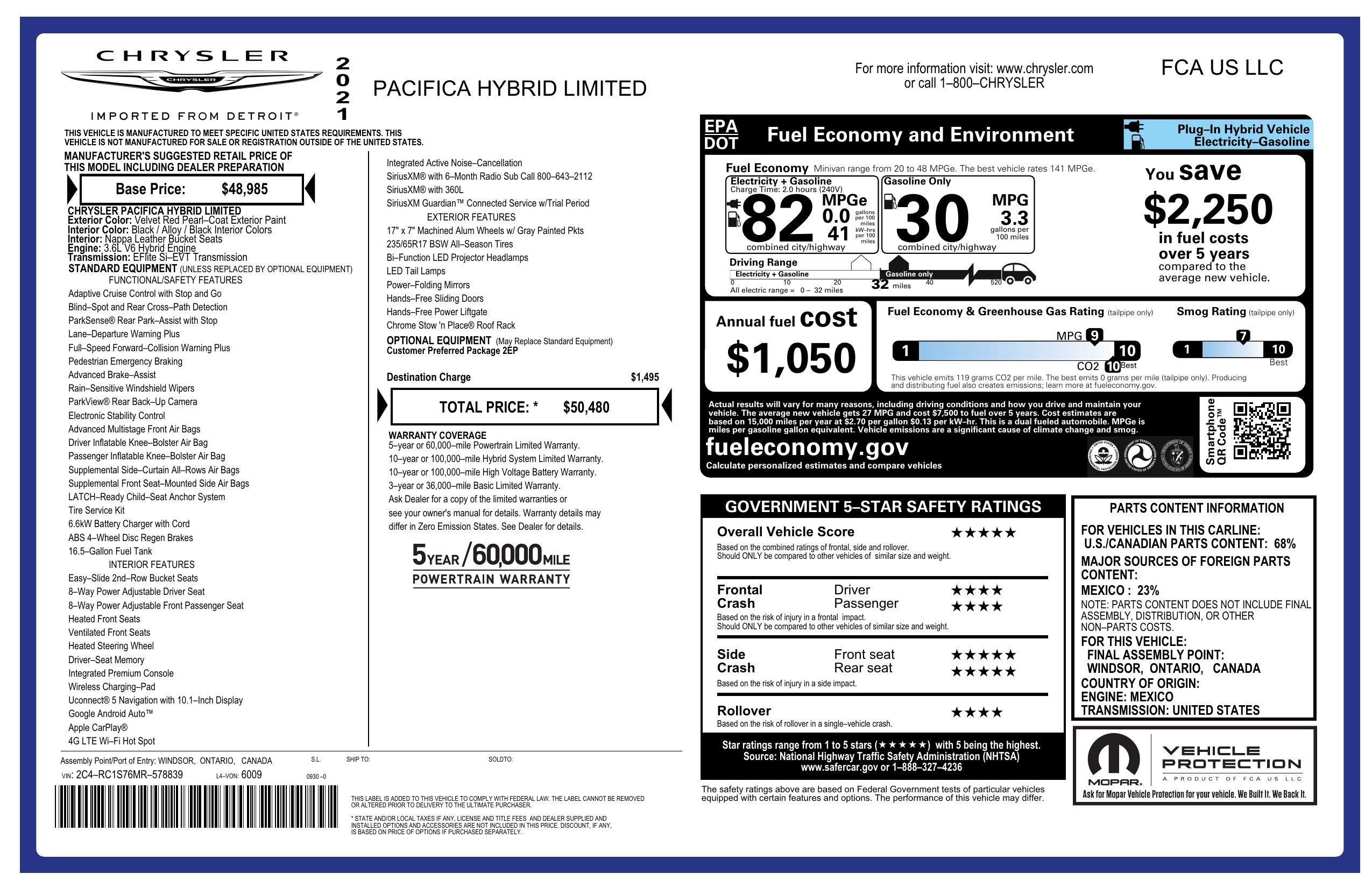Window Sticker for 2021 Chrysler Pacifica Hybrid Limited Fwd