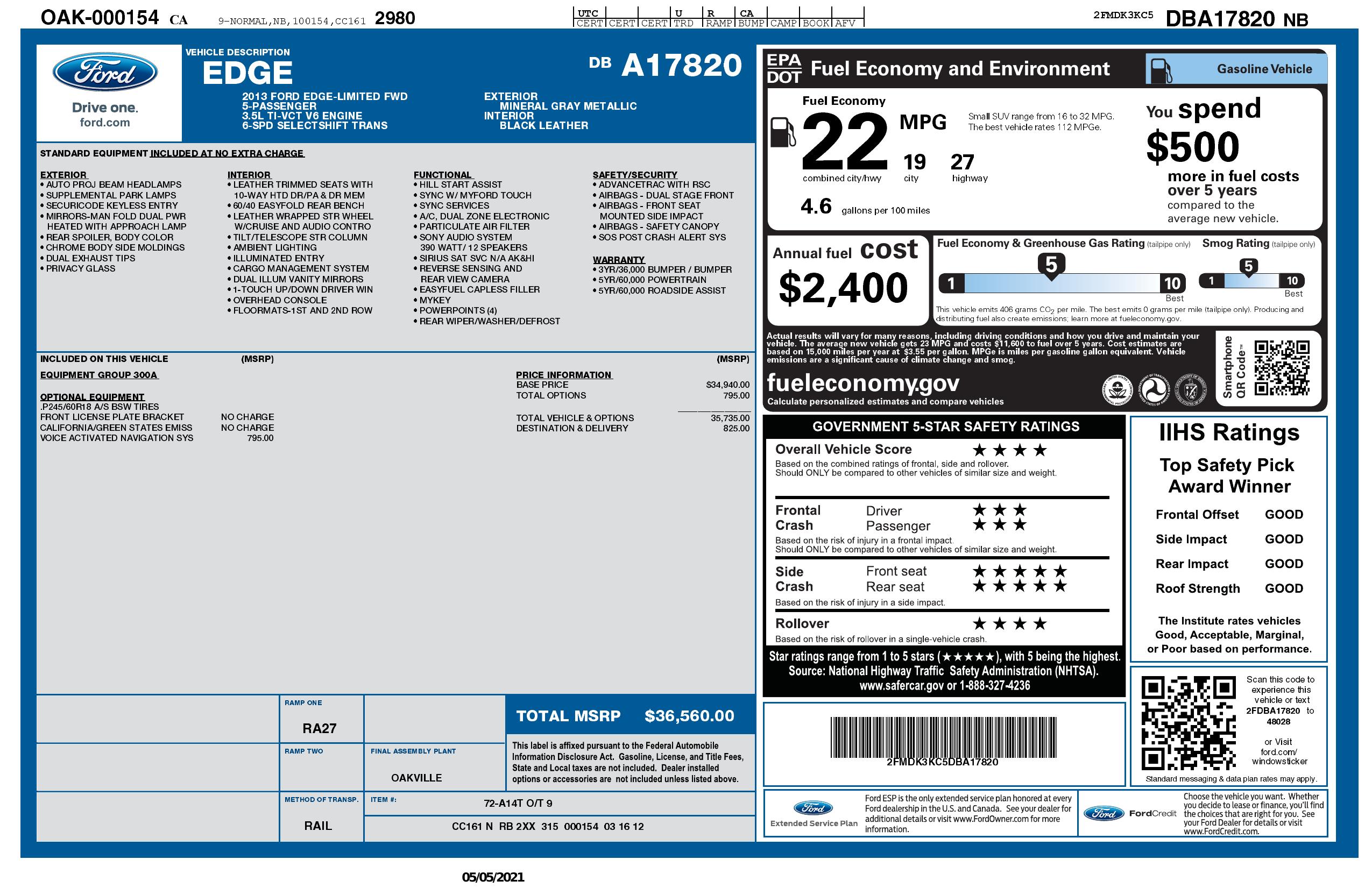 Window Sticker for 2013 Ford Edge 4dr Limited Fwd