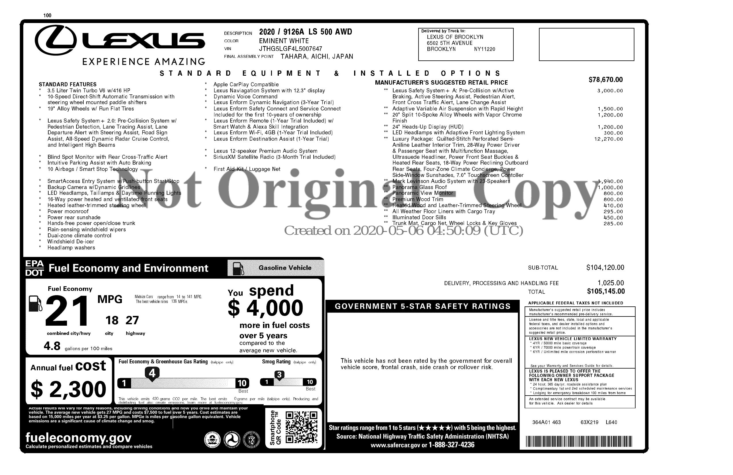 Window Sticker for 2020 Lexus Ls 500 Awd