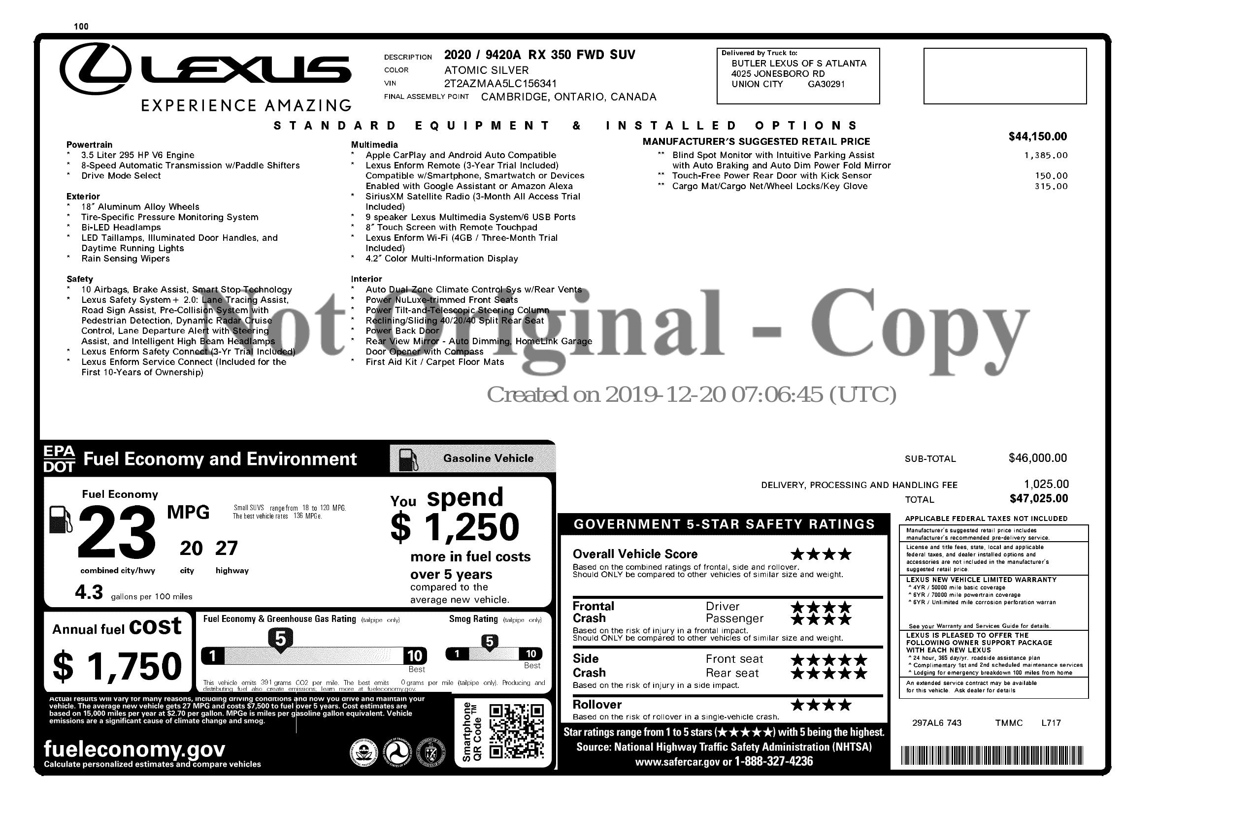 Window Sticker for 2020 Lexus Rx Rx 350 Fwd