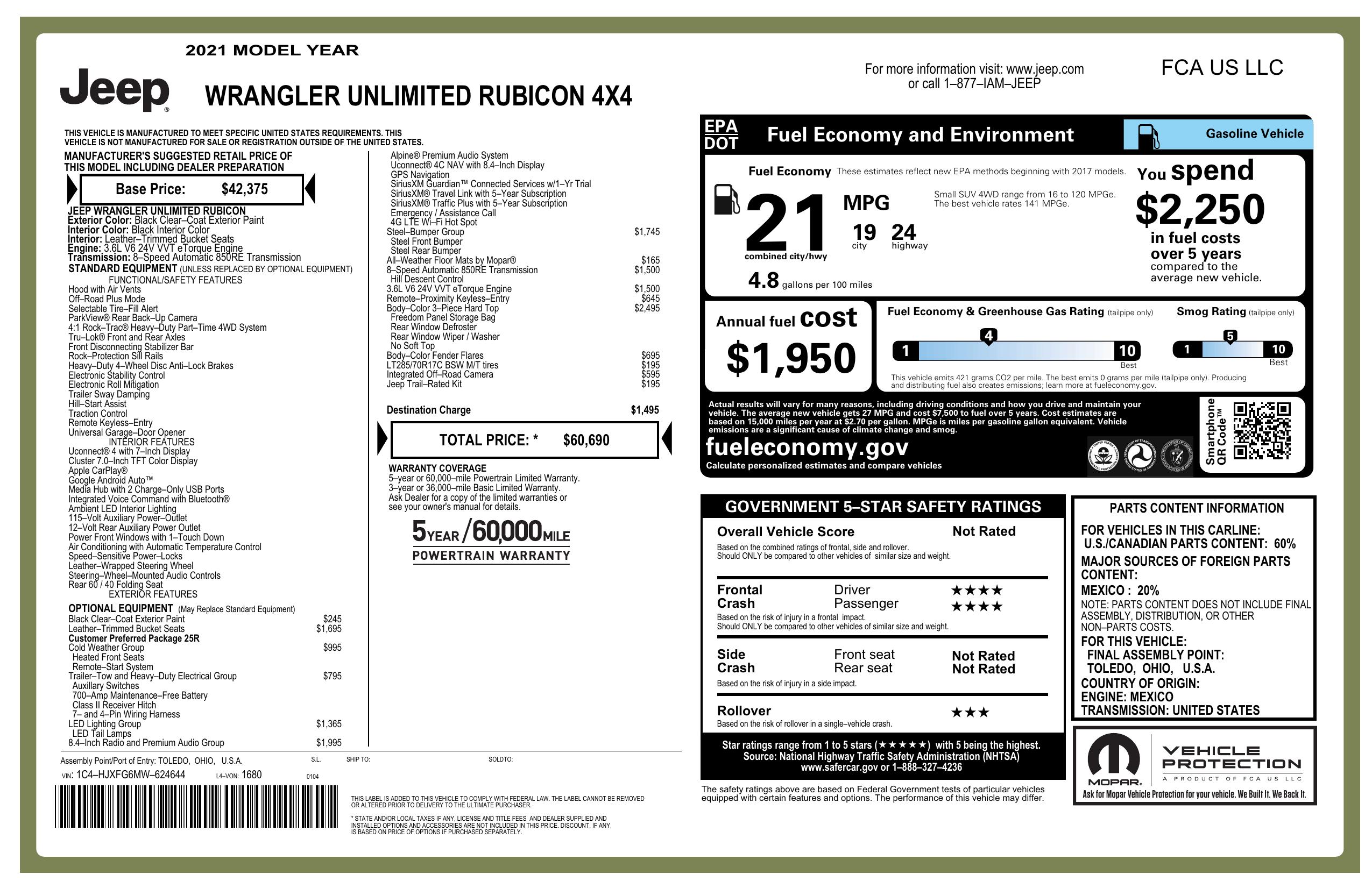 Window Sticker for 2021 Jeep Wrangler Unlimited Rubicon 4x4