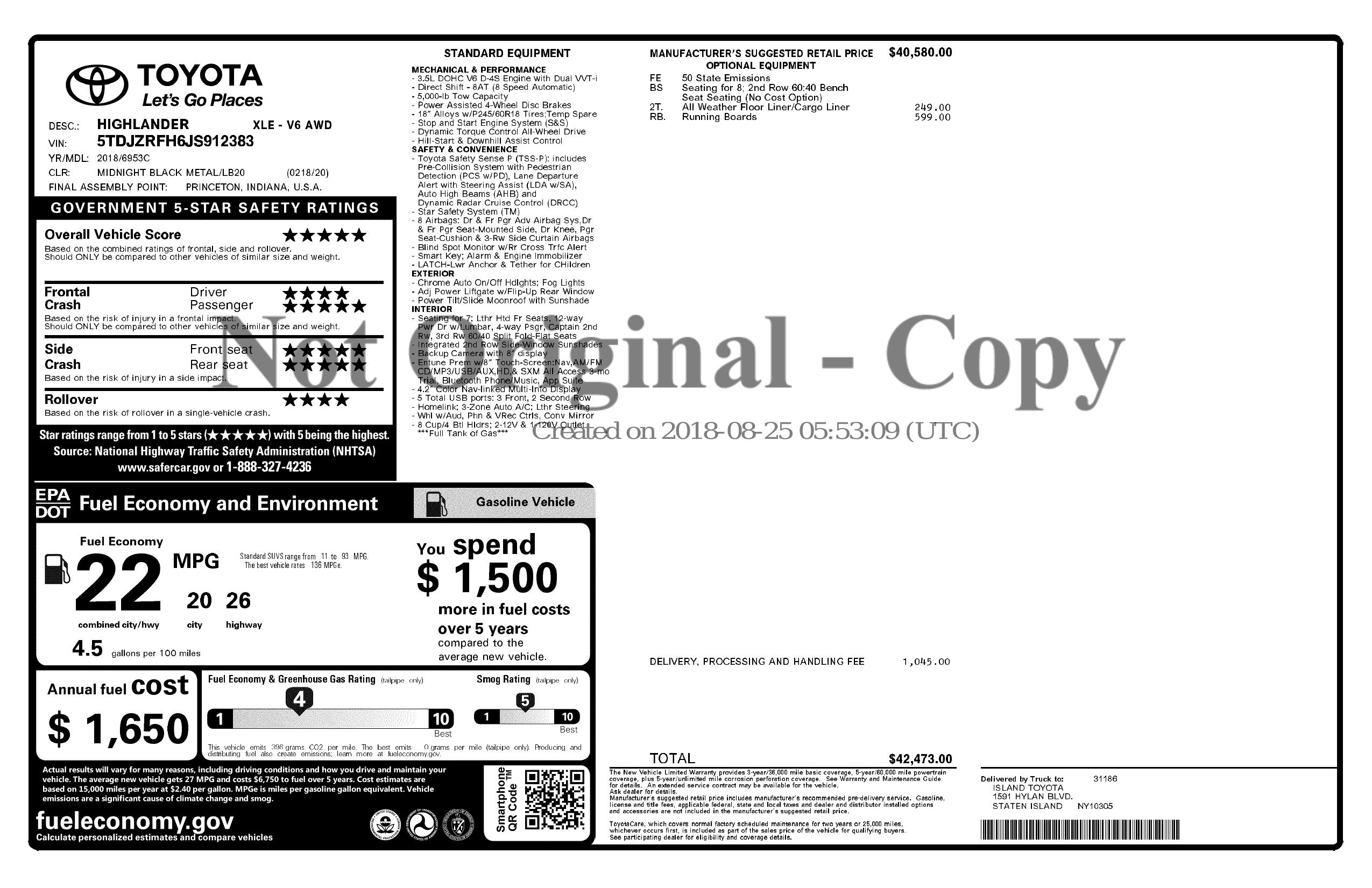 Window Sticker for 2018 Toyota Highlander V6 Awd (Natl)