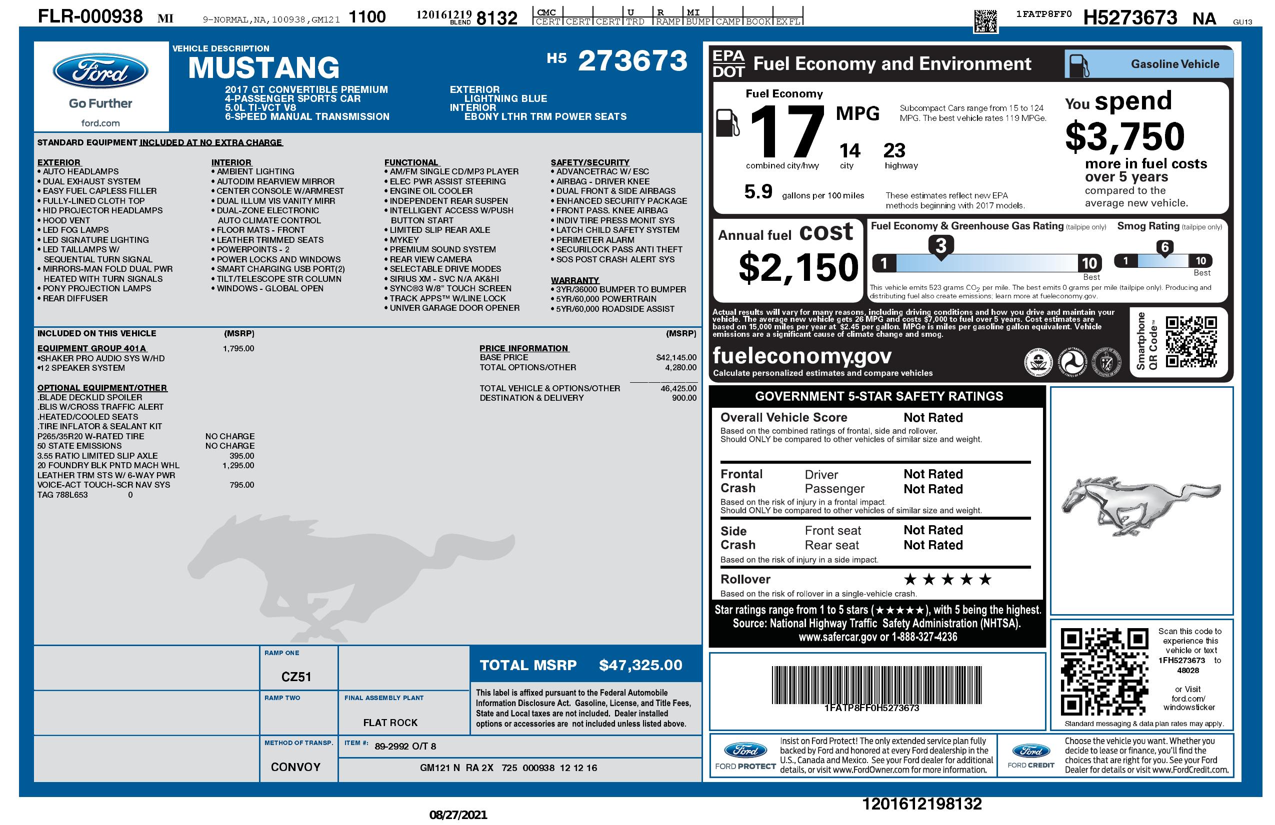 Window Sticker for 2017 Ford Mustang Gt Premium Convertible