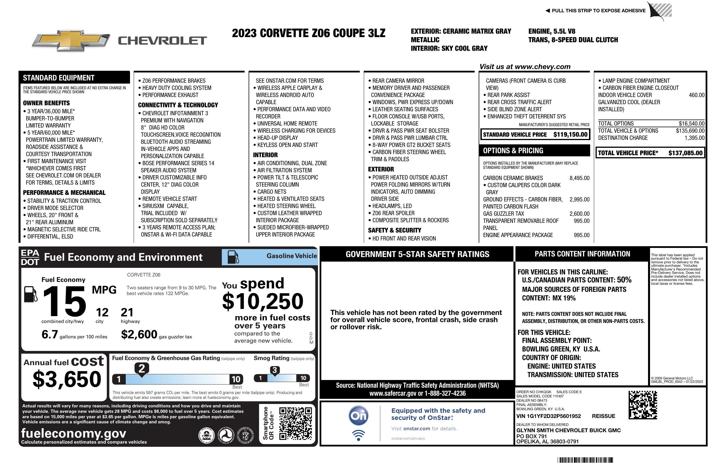 Window Sticker for 2023 Chevrolet Corvette 2dr Z06 Cpe W/3 Lz