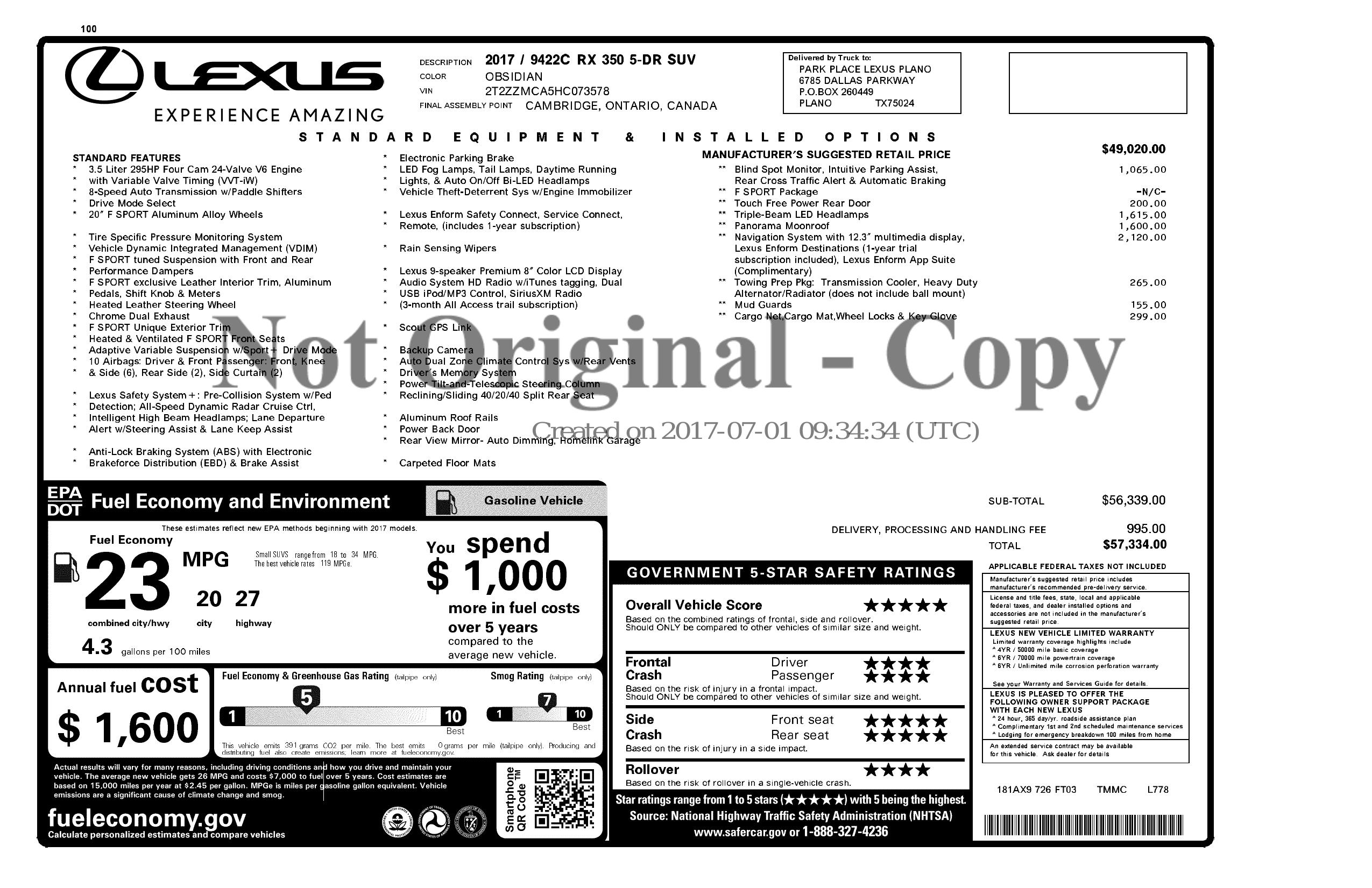 Window Sticker for 2017 Lexus Rx 350 Fwd