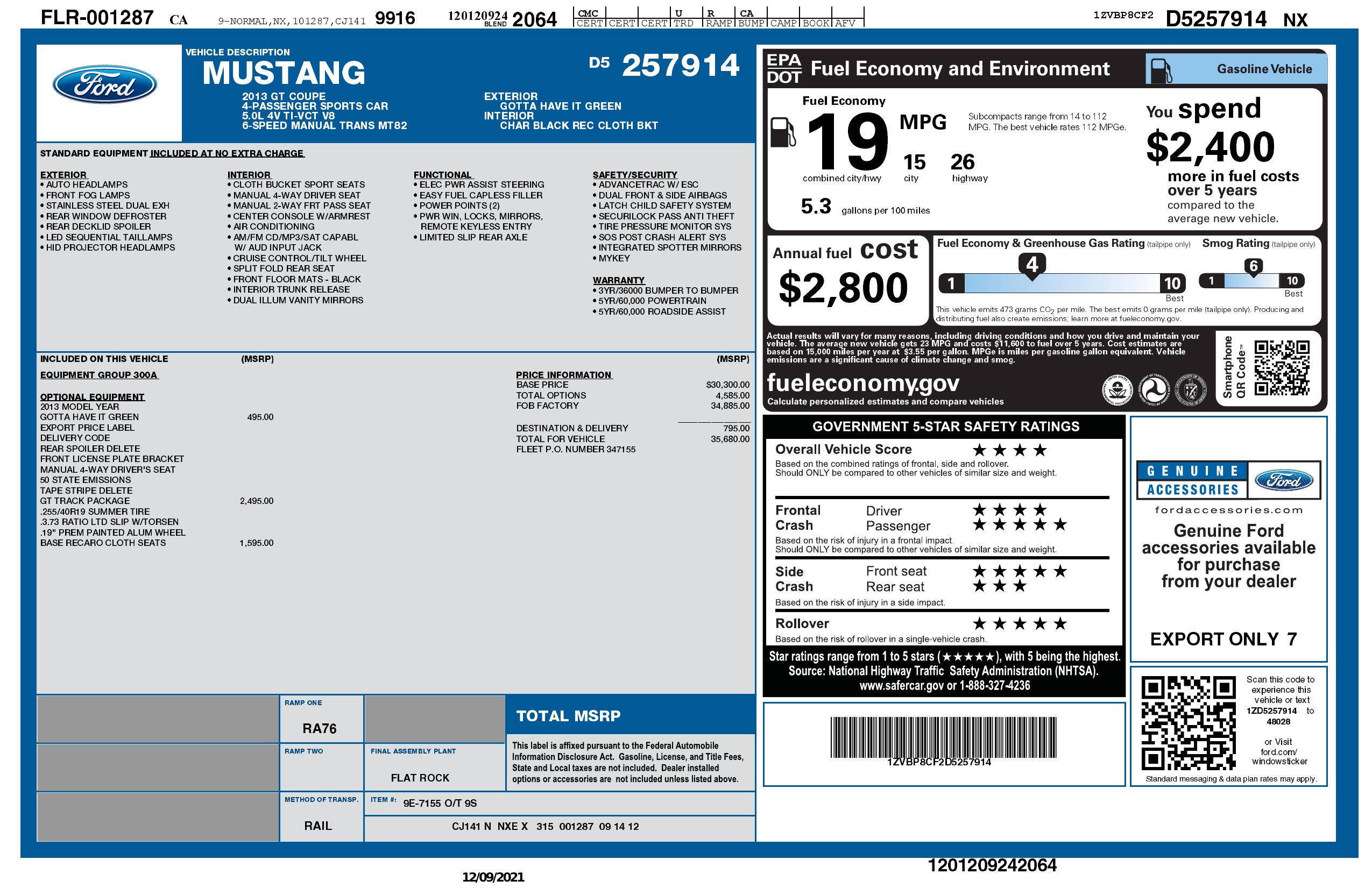 Window Sticker for 2013 Ford Mustang 2dr Cpe Gt