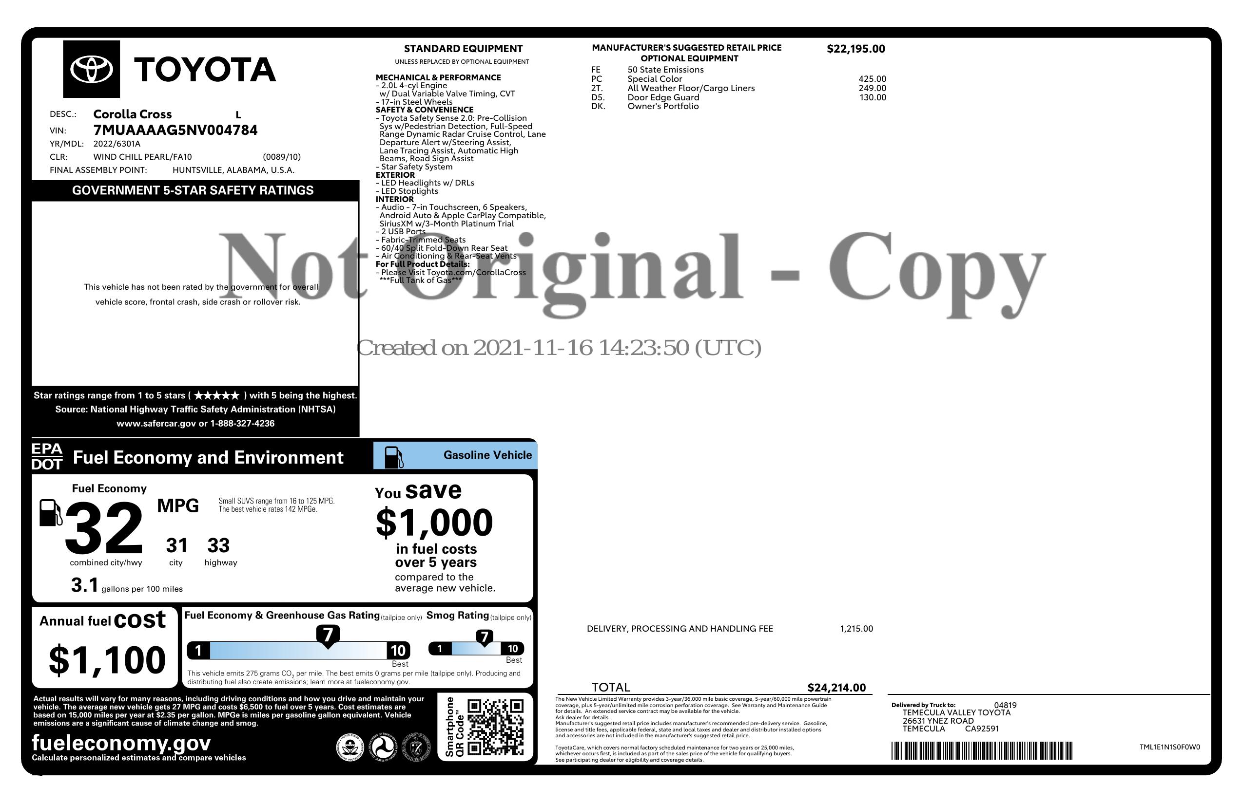 Window Sticker for 2022 Toyota Corolla Cross L 2 Wd (Natl)