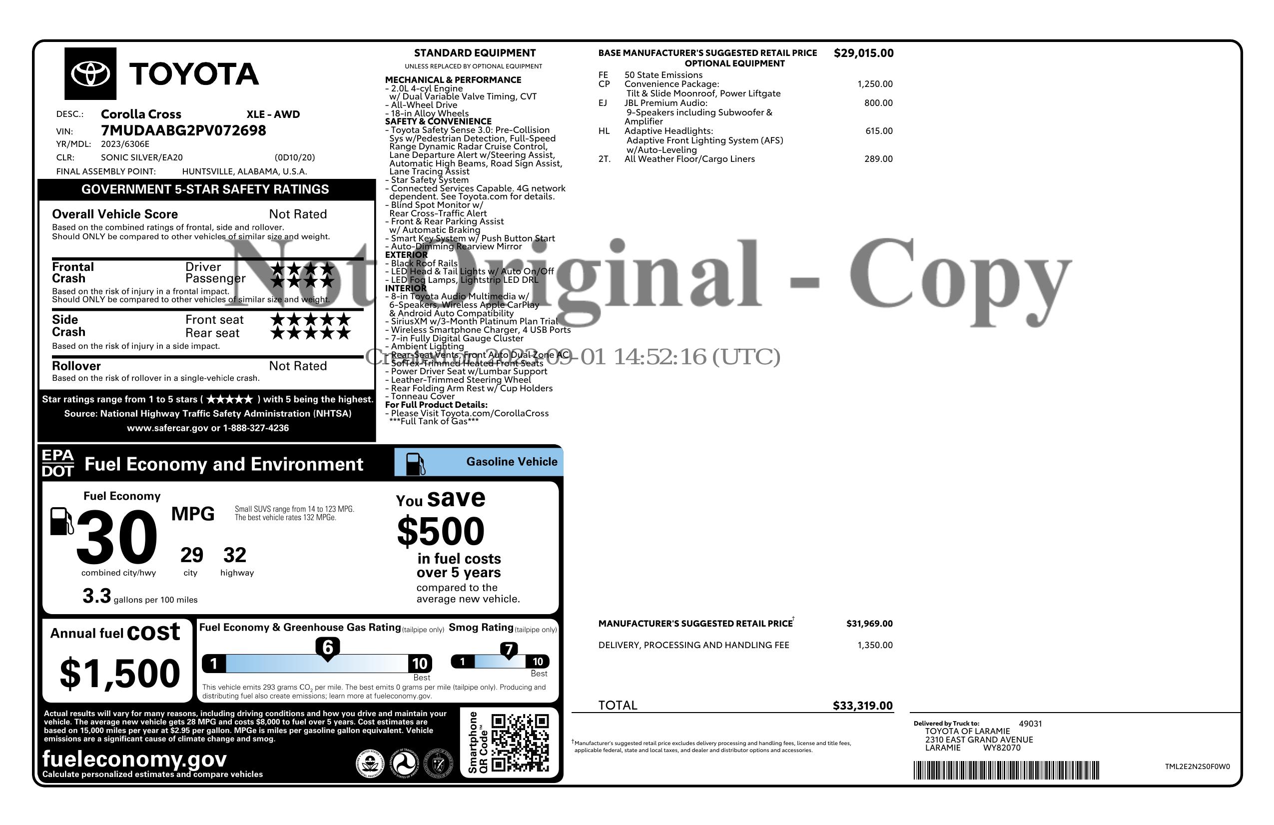 Window Sticker for 2023 Toyota Corolla Cross Xle 4 Wd (Natl)