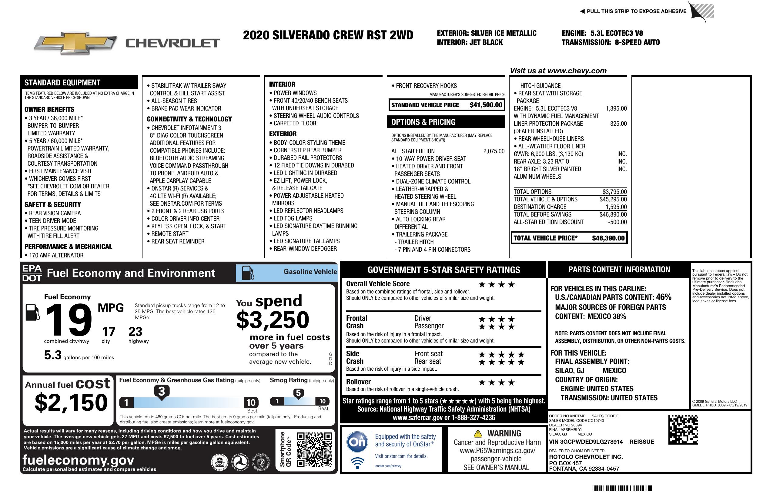 Window Sticker for 2020 Chevrolet Silverado 1500 2 Wd Crew Cab 157" Rst