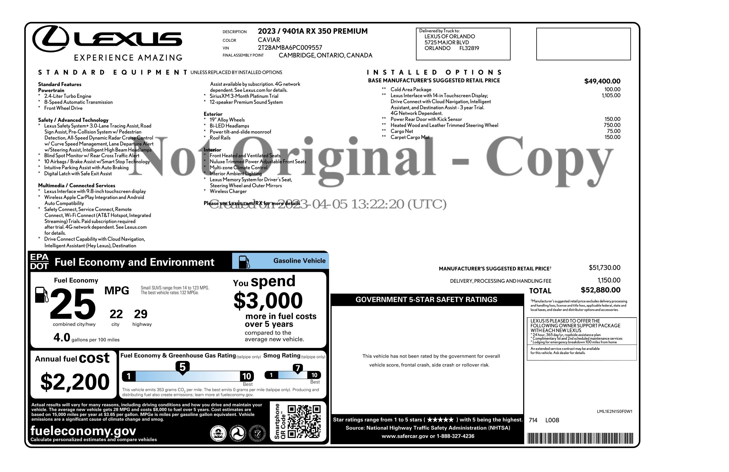 Window Sticker for 2023 Lexus Rx 350 Fwd