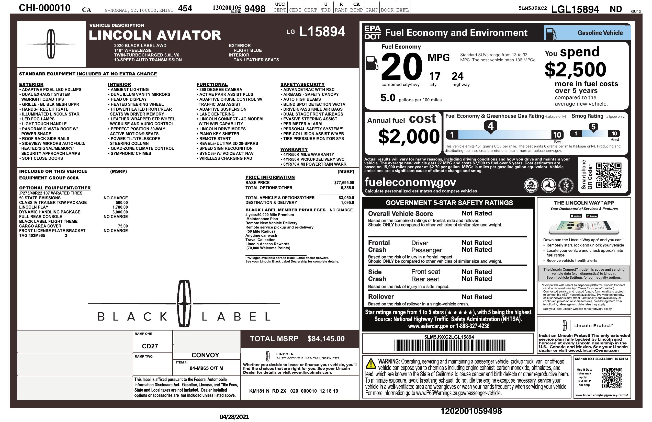 Window Sticker for 2020 Lincoln Aviator Black Label Awd
