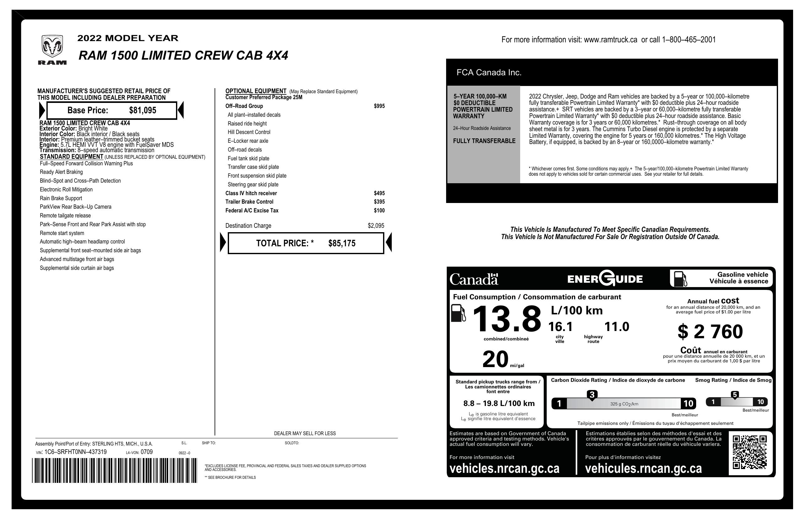 Window Sticker for 2022 Ram 1500 Limited 4x4 Crew Cab 5'7" Box