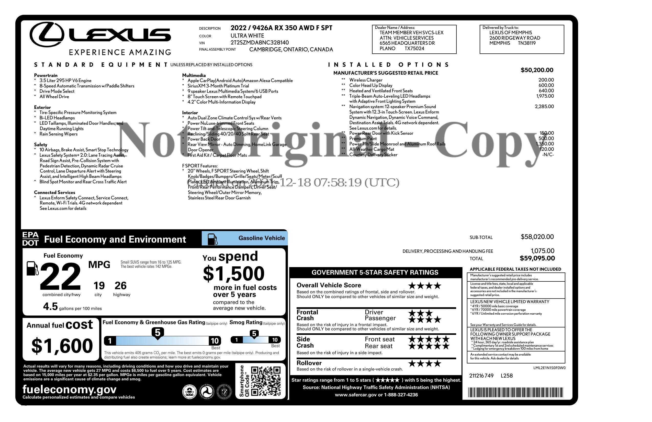 Window Sticker for 2022 Lexus Rx Rx 350 F Sport Appearance Awd