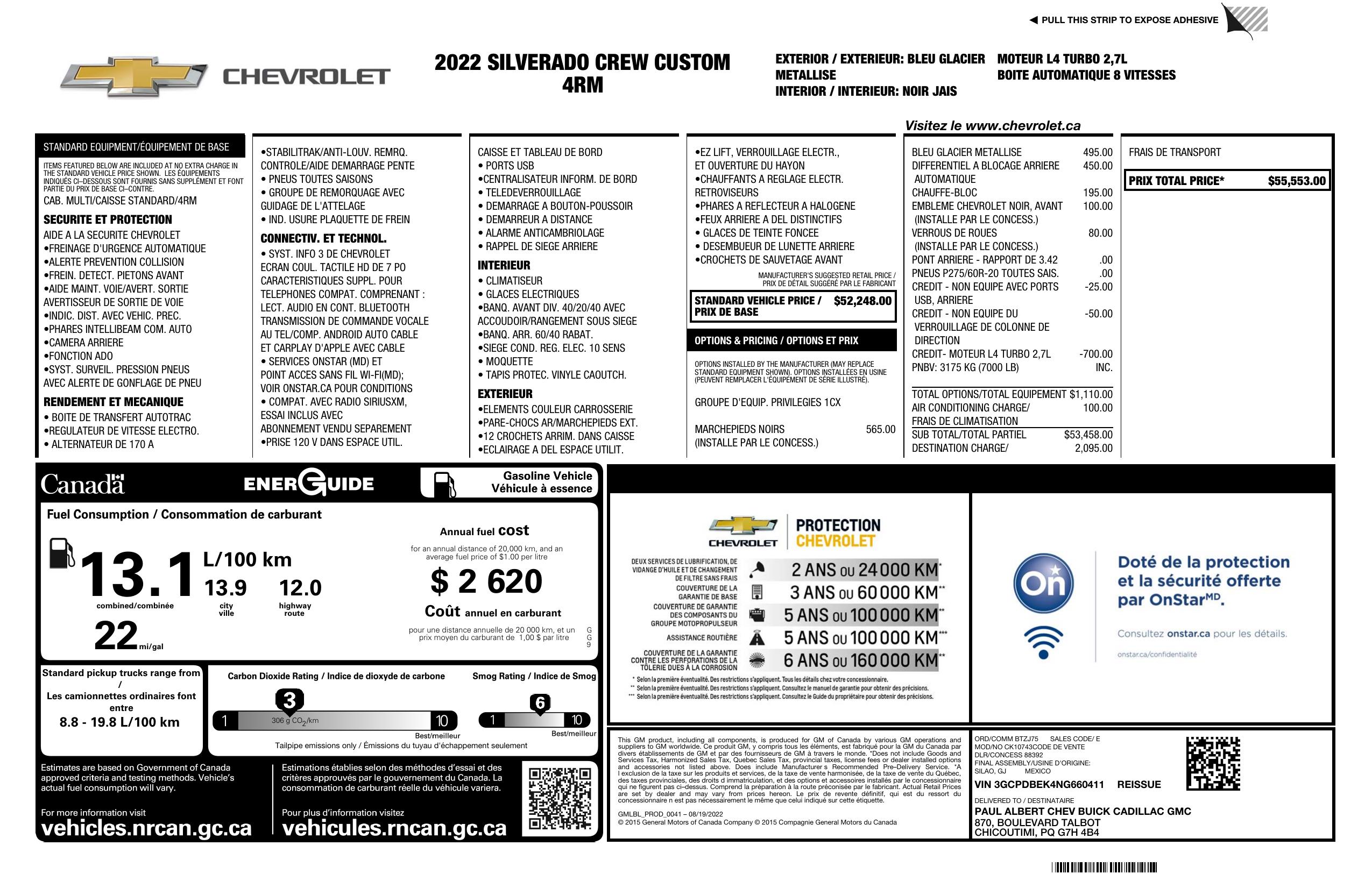 Window Sticker for 2022 Chevrolet Silverado 1500 4 Wd Crew Cab Custom
