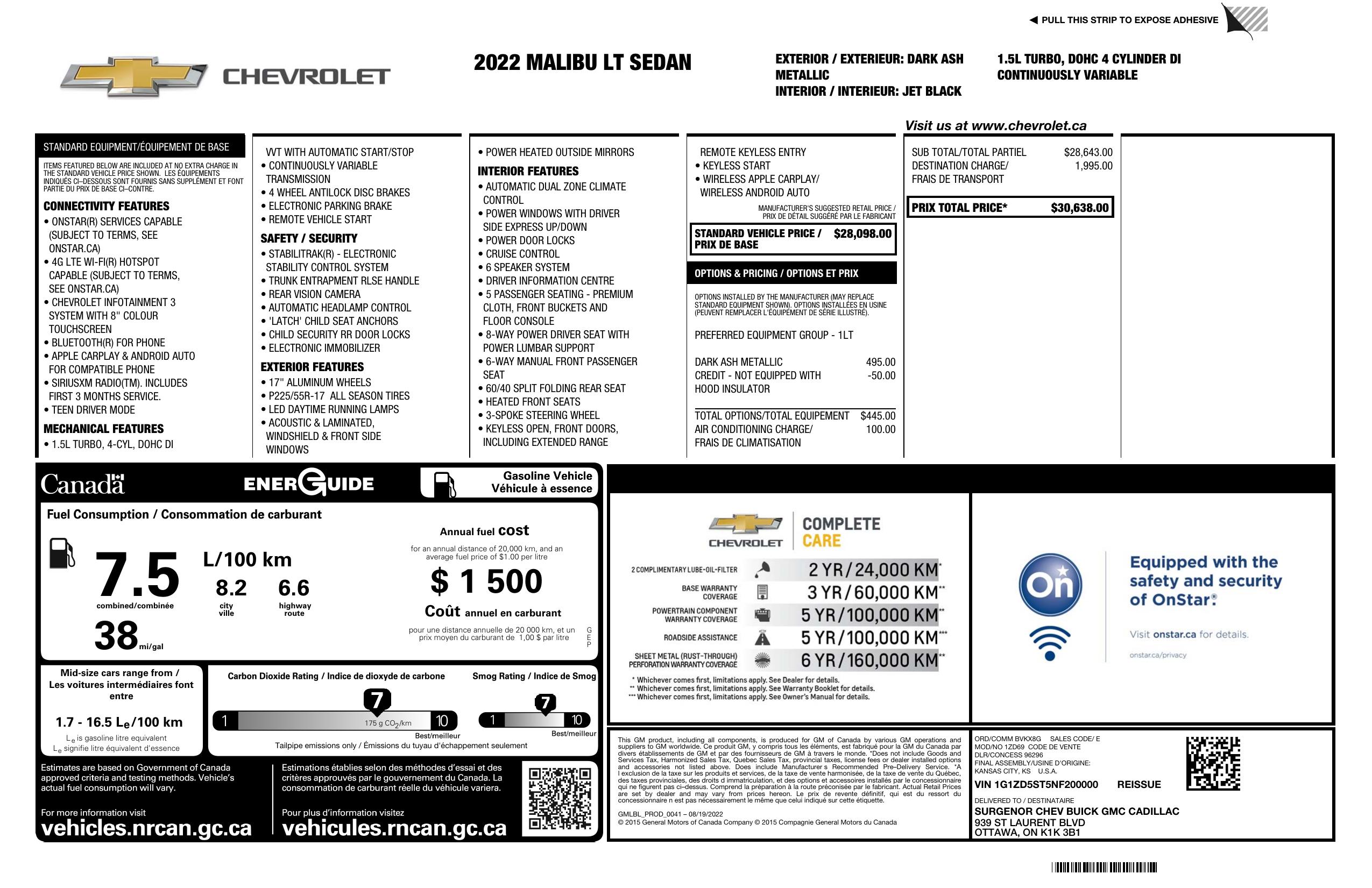 Window Sticker for 2022 Chevrolet Malibu 4dr Sdn Lt