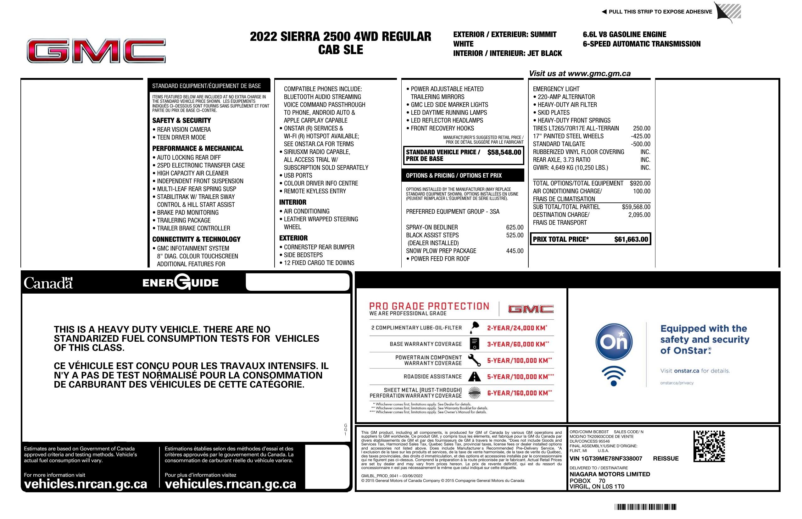 Window Sticker for 2022 GMC Sierra 2500 Hd 4 Wd Reg Cab 142" Sle