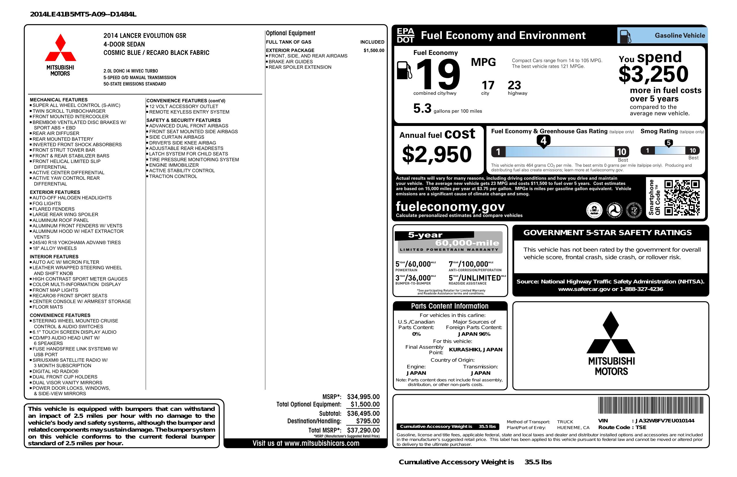 Window Sticker for 2014 Mitsubishi Lancer Evolution 4dr Sdn Man Gsr