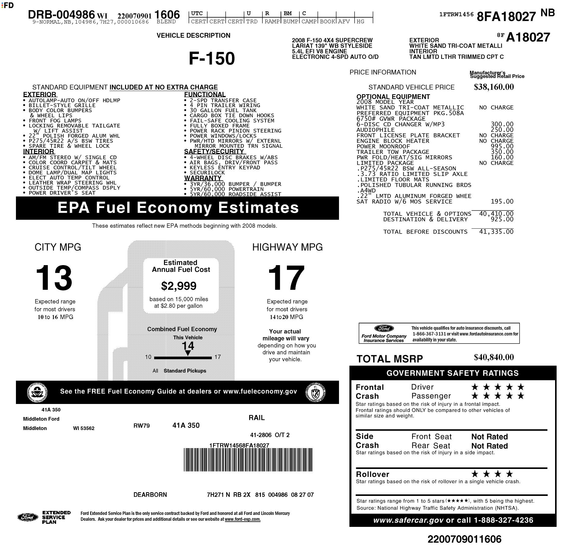 Window Sticker for 2008 Ford F 150 Awd Super Crew 139"